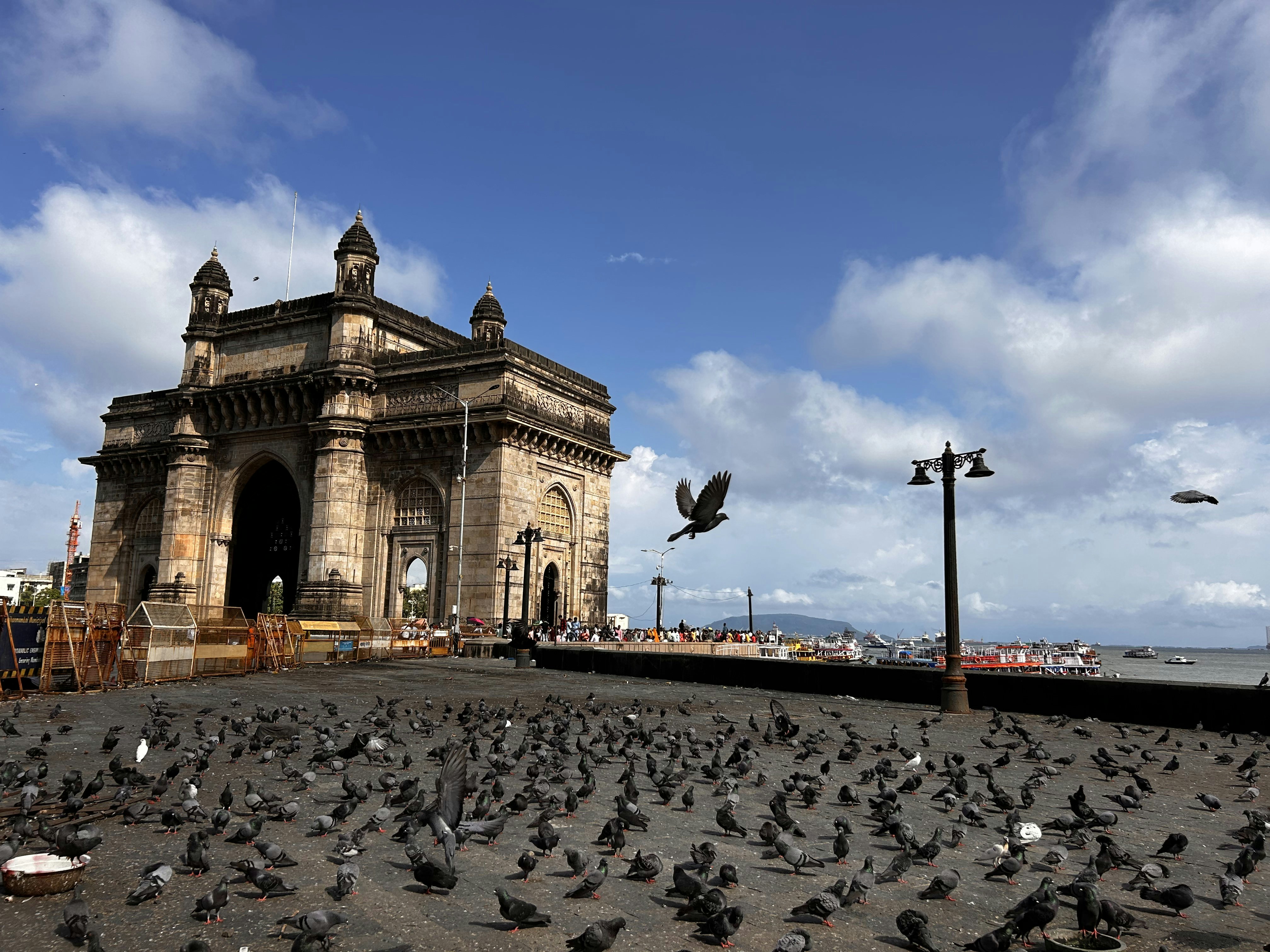 Historic Gateway of India surrounded by a flock of pigeons on a bustling waterfront. The scene captures the vibrancy of life and culture.