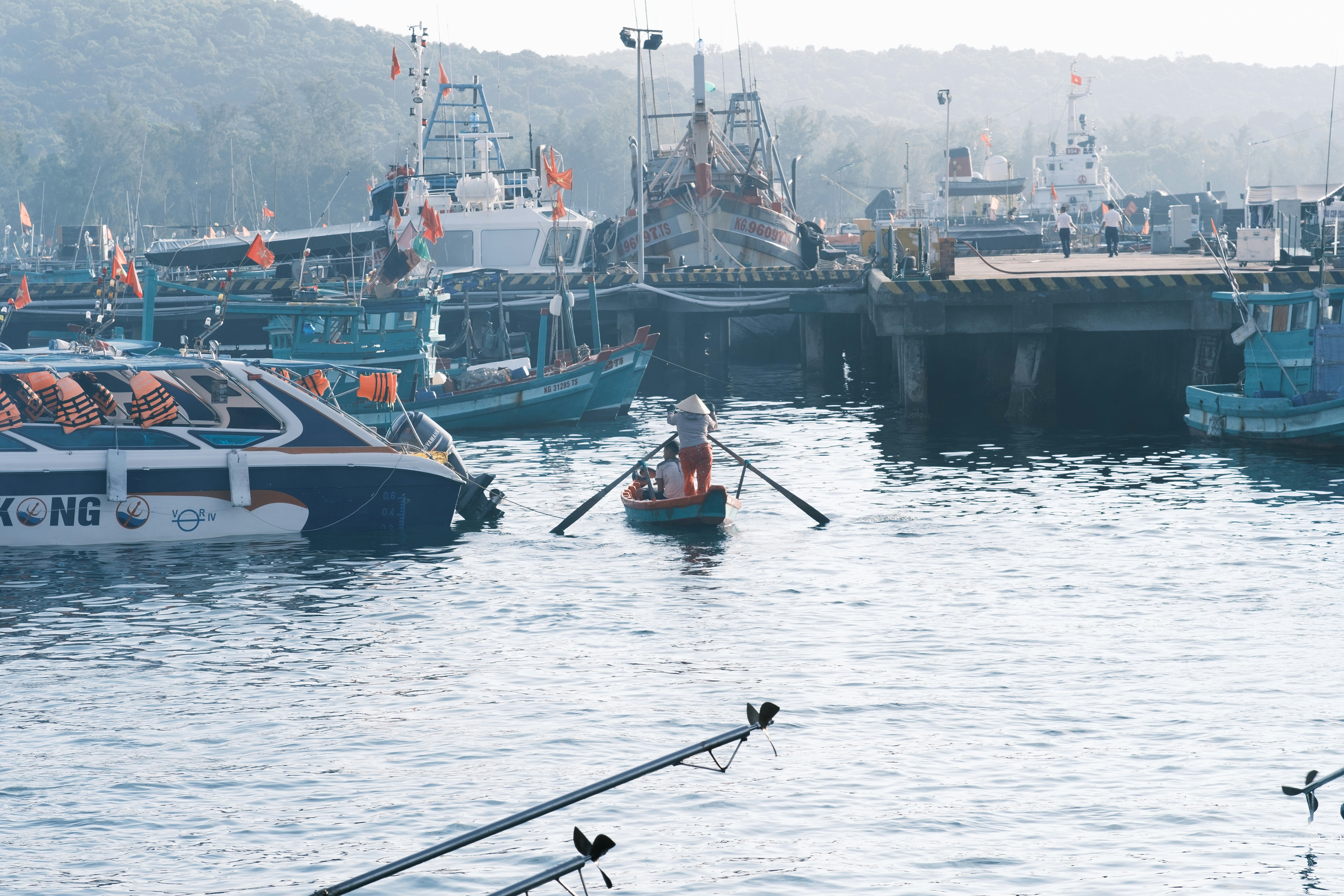 Solitary Row Among Docked Vessels