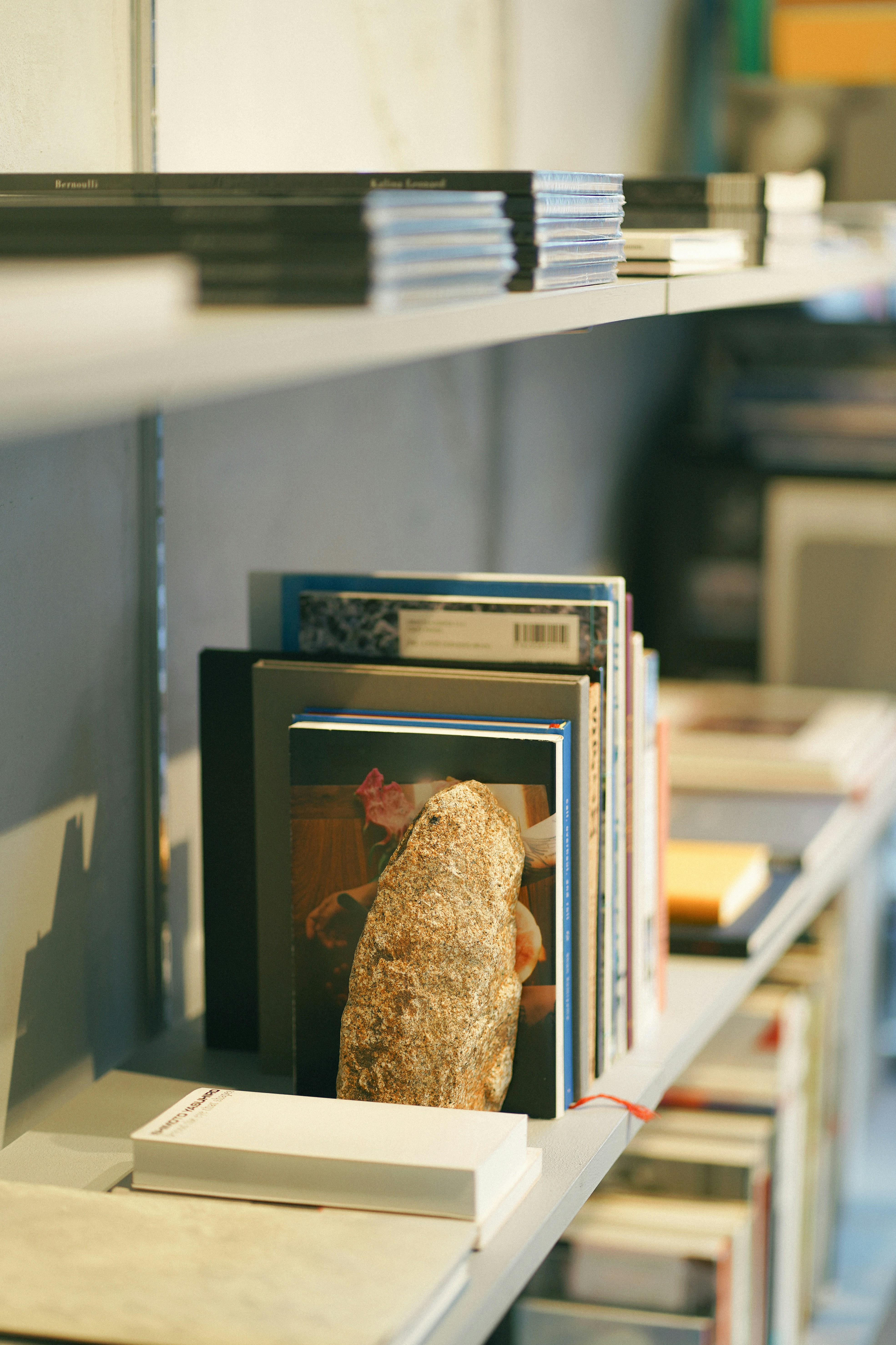 Stone on the Shelf: A Quiet Still-Life of Books and Texture