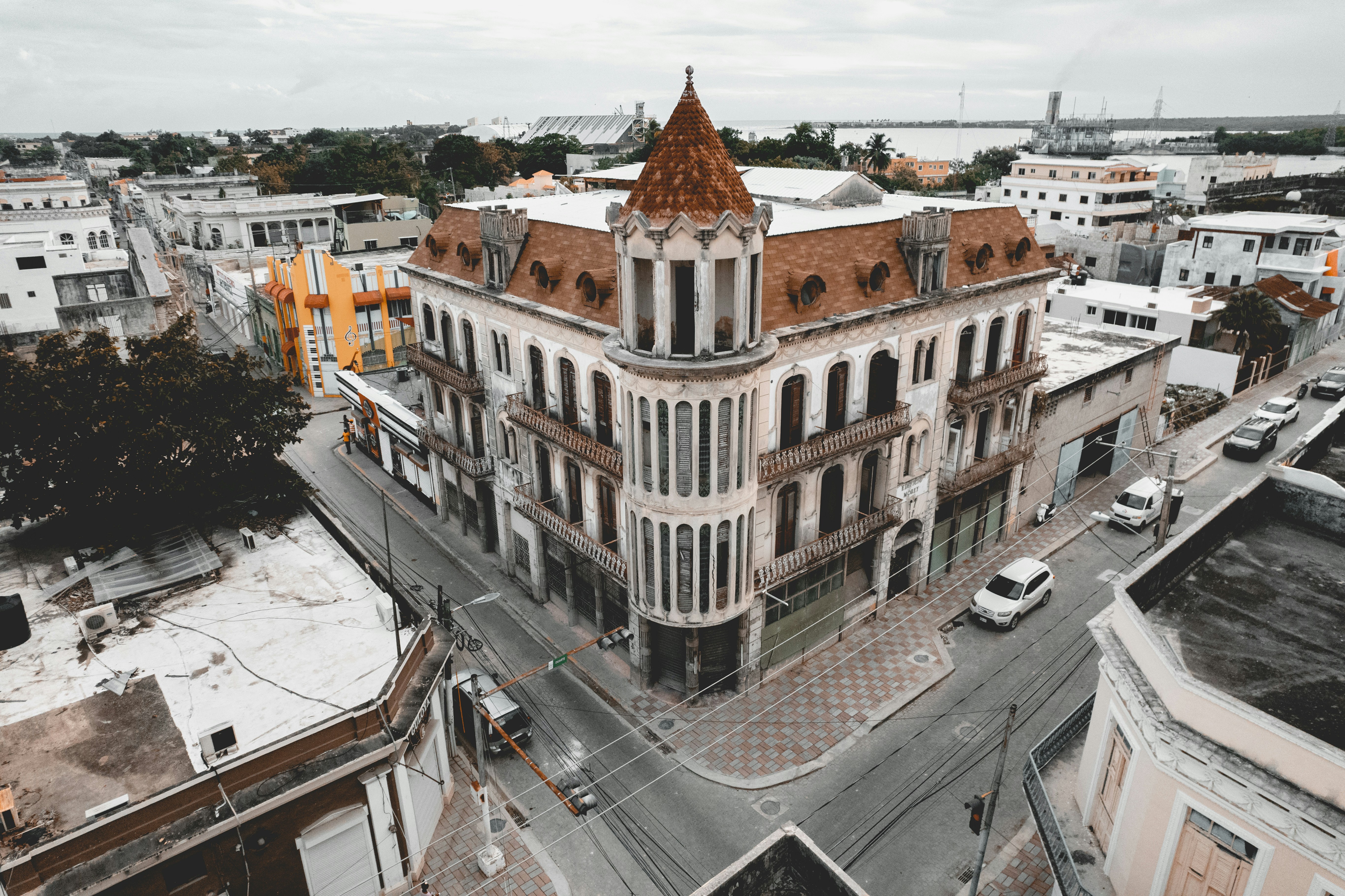 an aerial view of an old building in a city