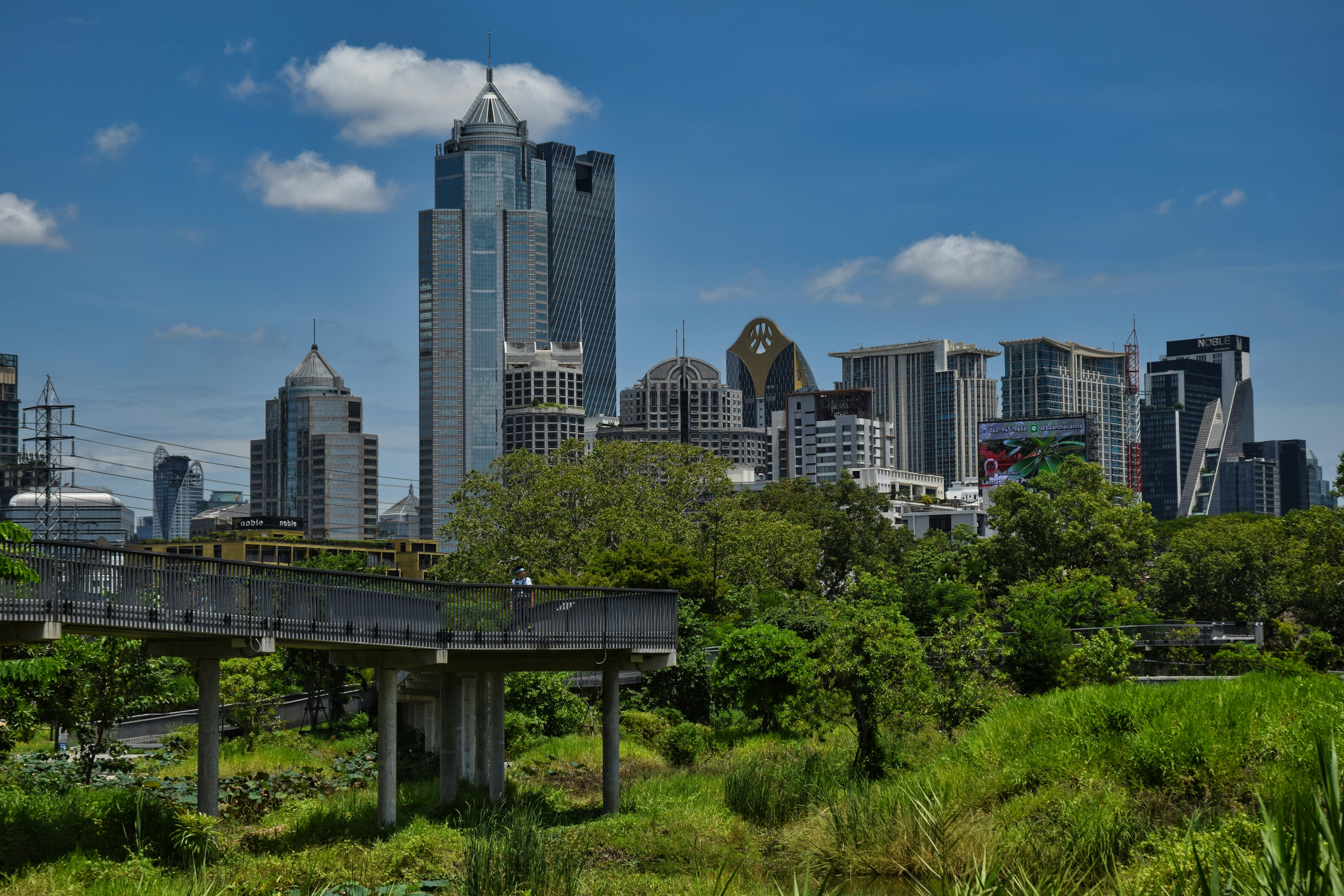 Skyline of modern skyscrapers rising above a park with vibrant greenery under a clear blue sky.