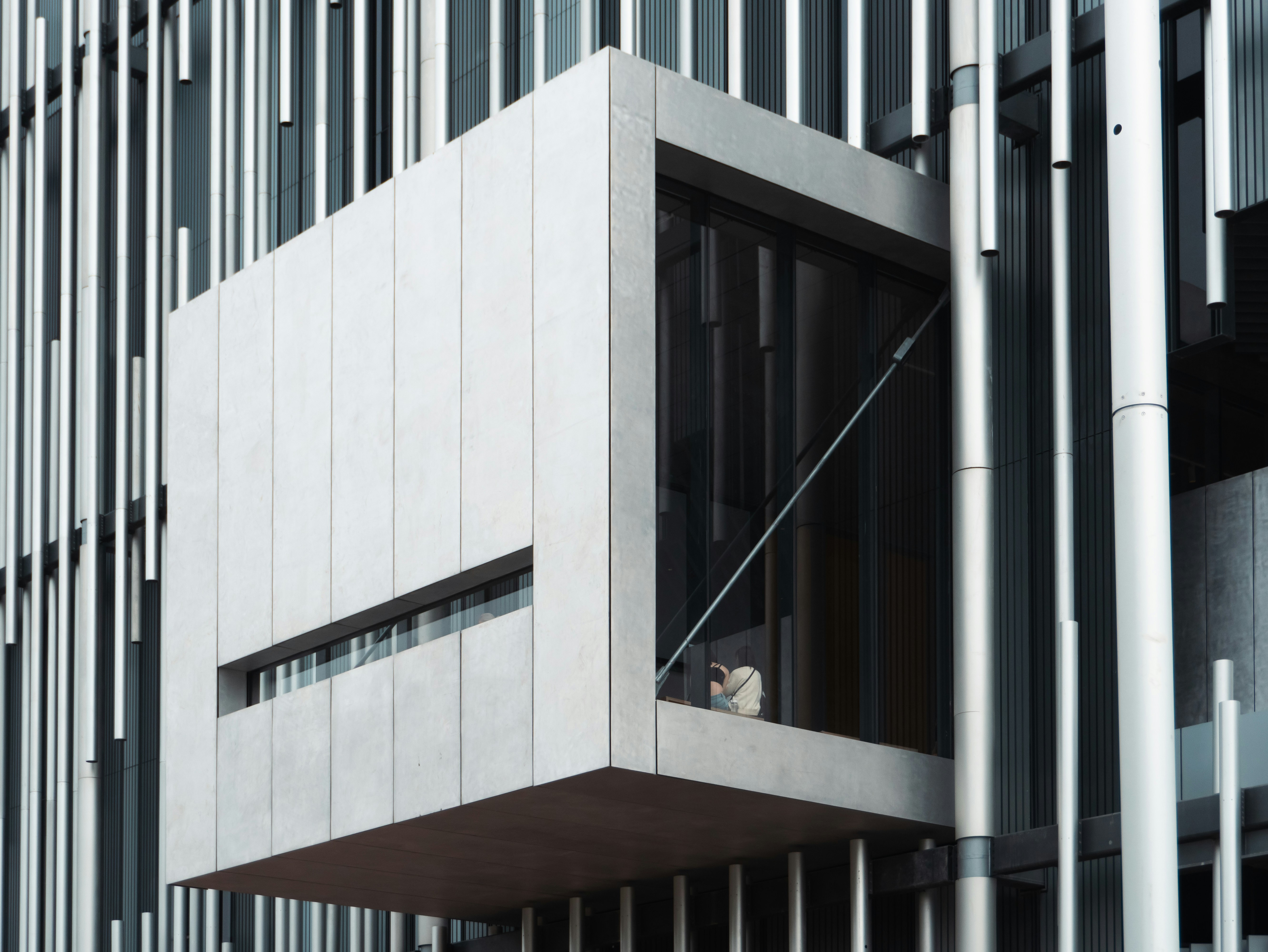 Two Figures in a Glass Cube Framed by a Veined Steel Façade