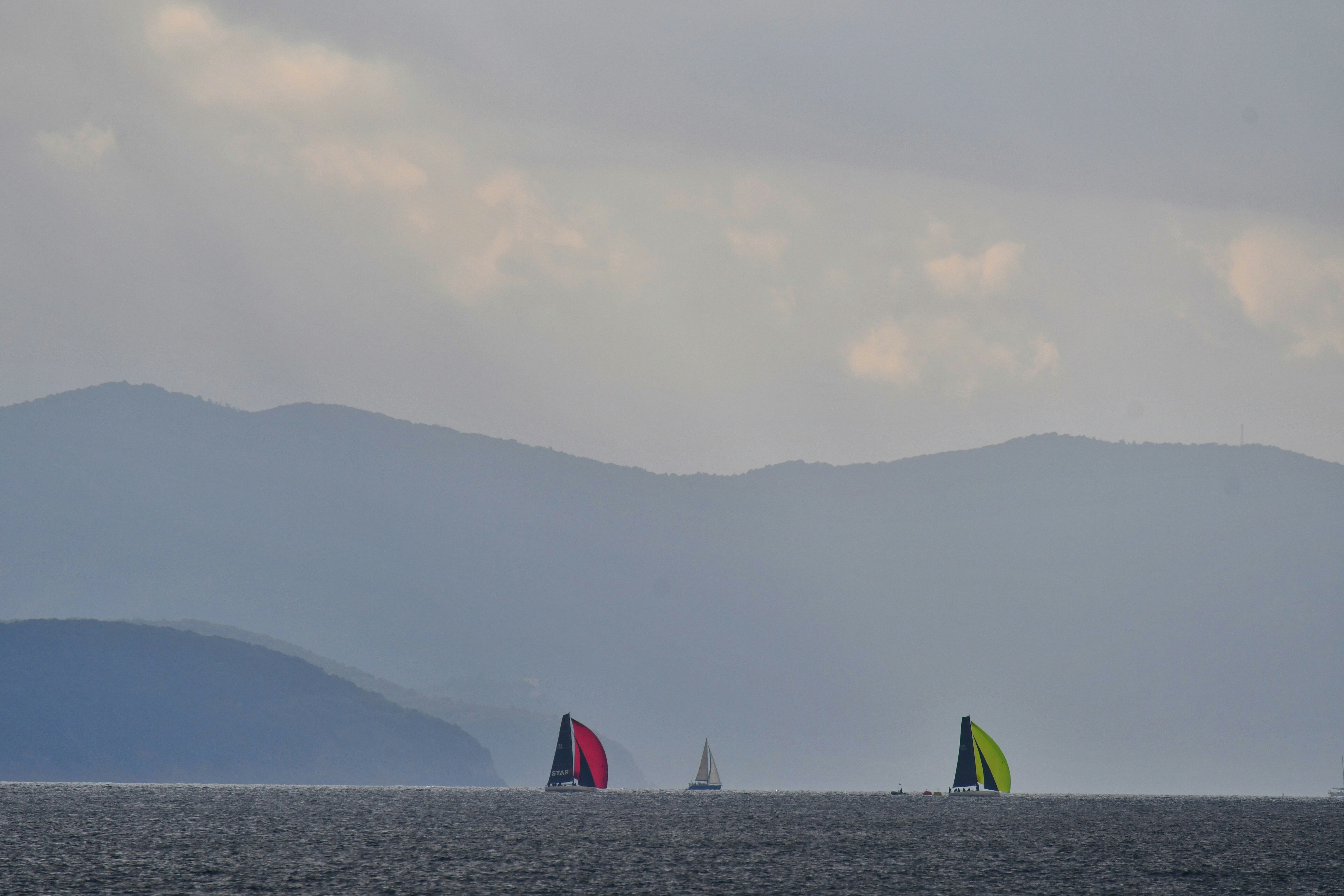 Sailboats in Misty Horizon