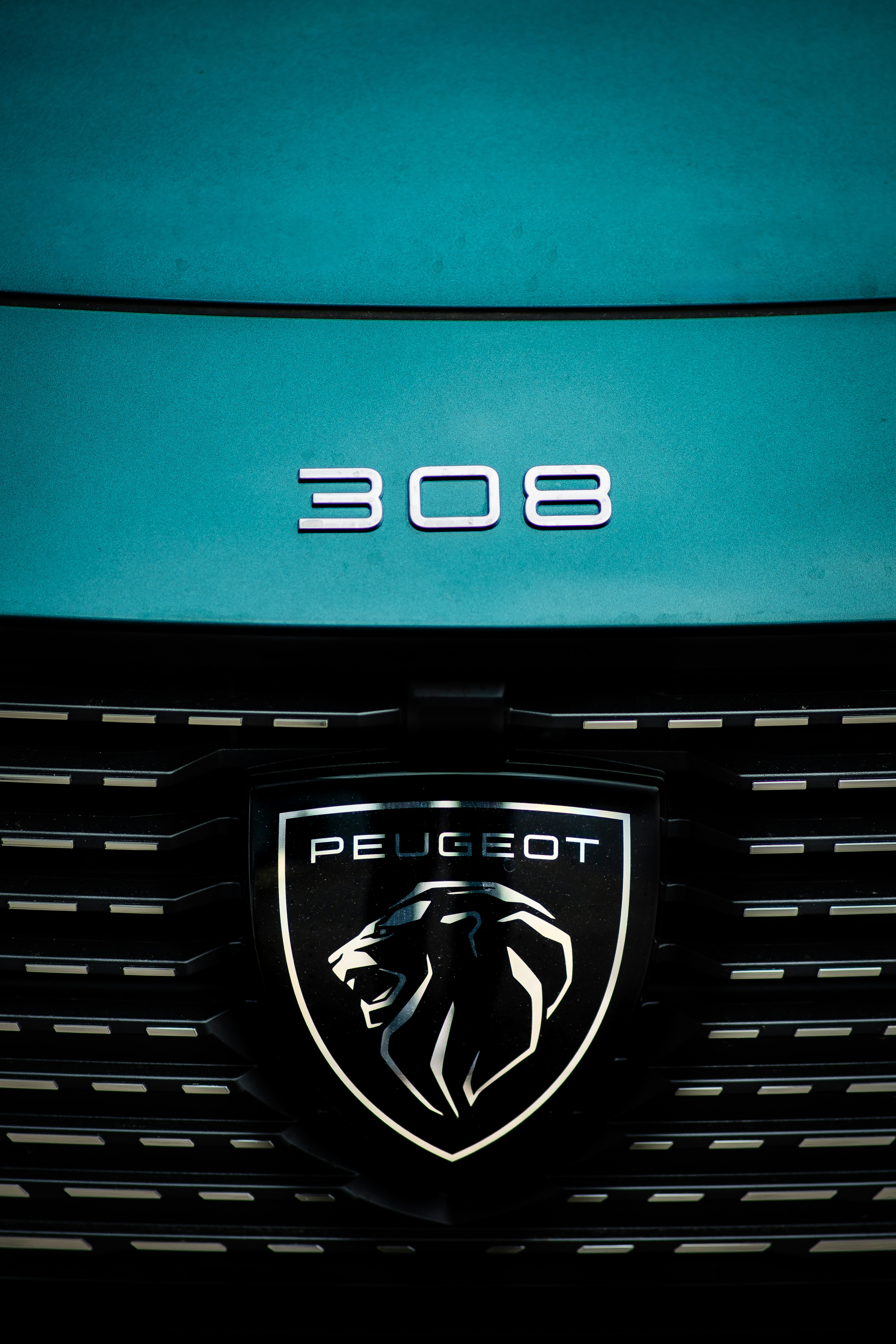 Teal Hood, Bold Emblem: The Peugeot 308 Front Grille in Detail