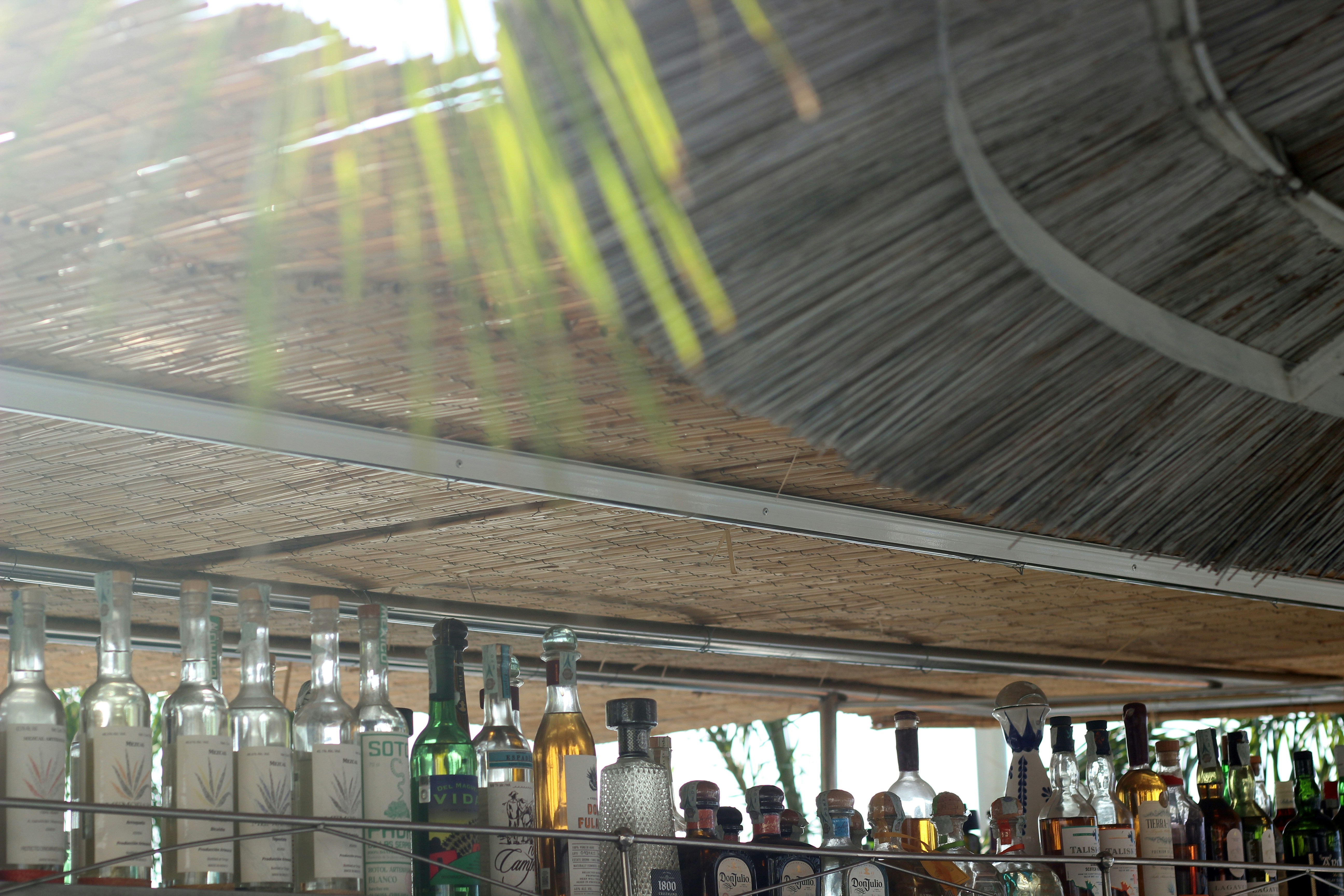 Thatched Roof Bar: Bottles Glowing Under Dappled Light