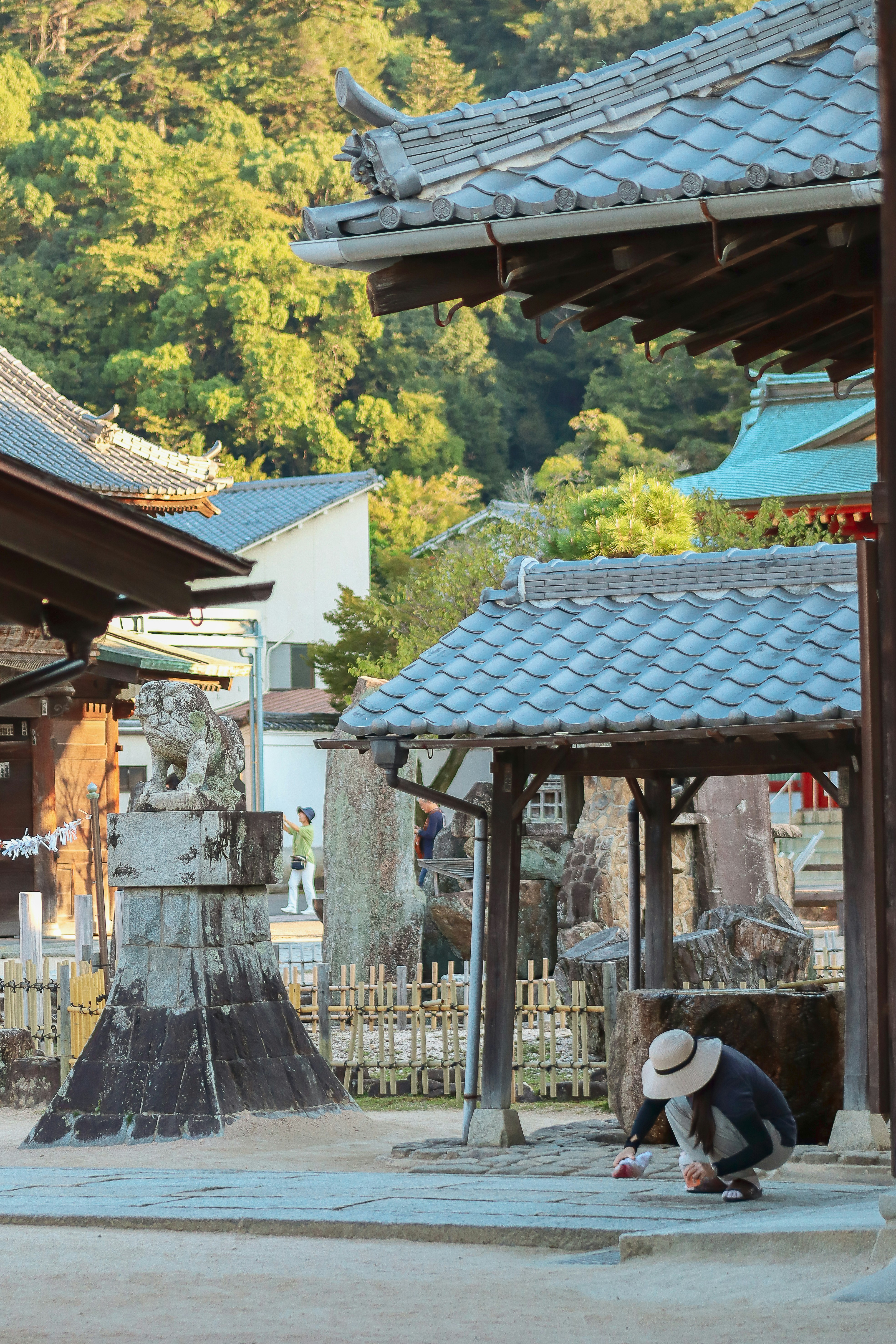 Quiet Gardener at the Temple's Shadowed Eaves