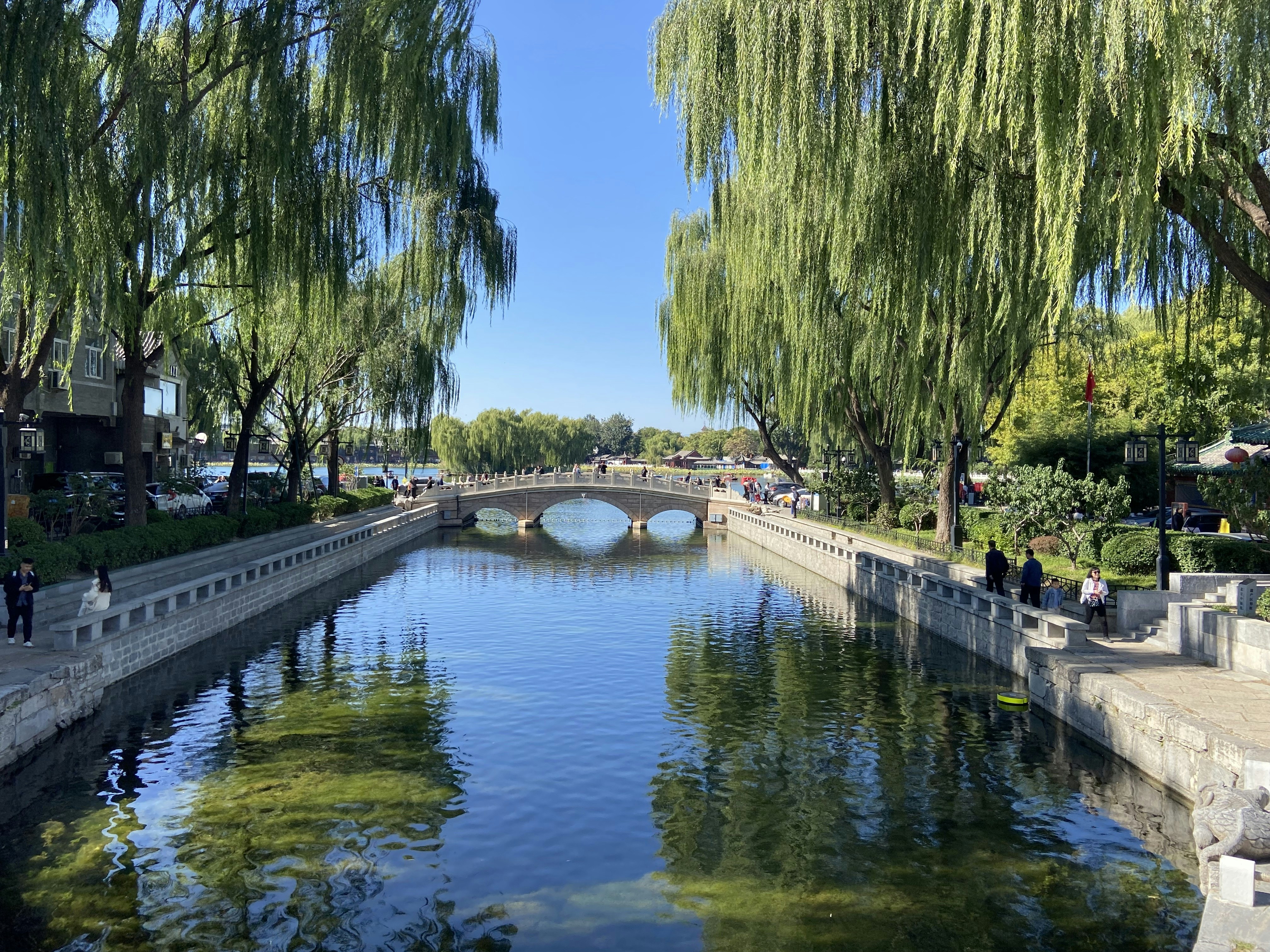 Foto Un río que atraviesa un parque junto a un puente – Imagen ...