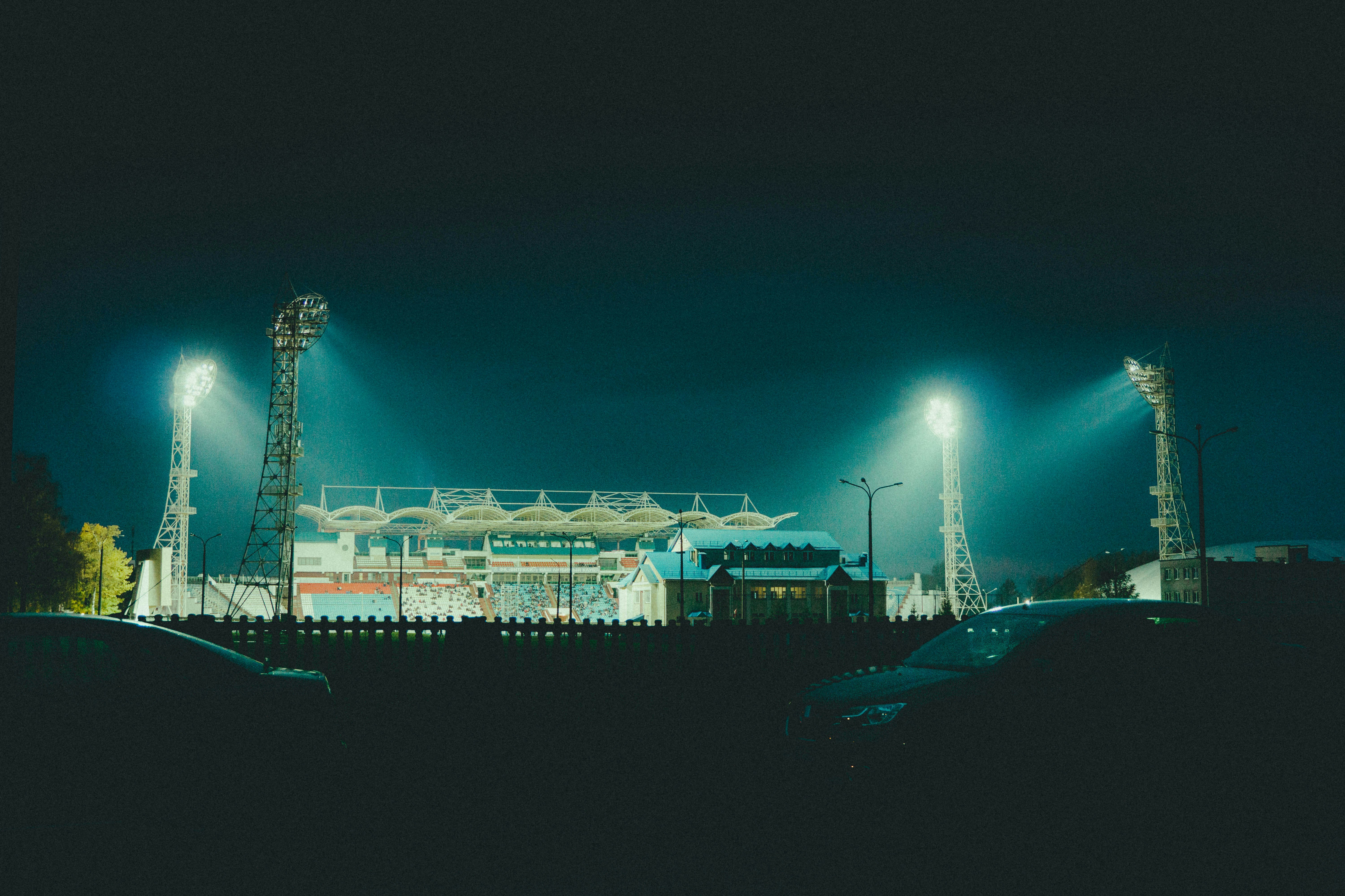 stadium lighting in the evening during a soccer match at the Vitebsk soccer club (autumn, october)