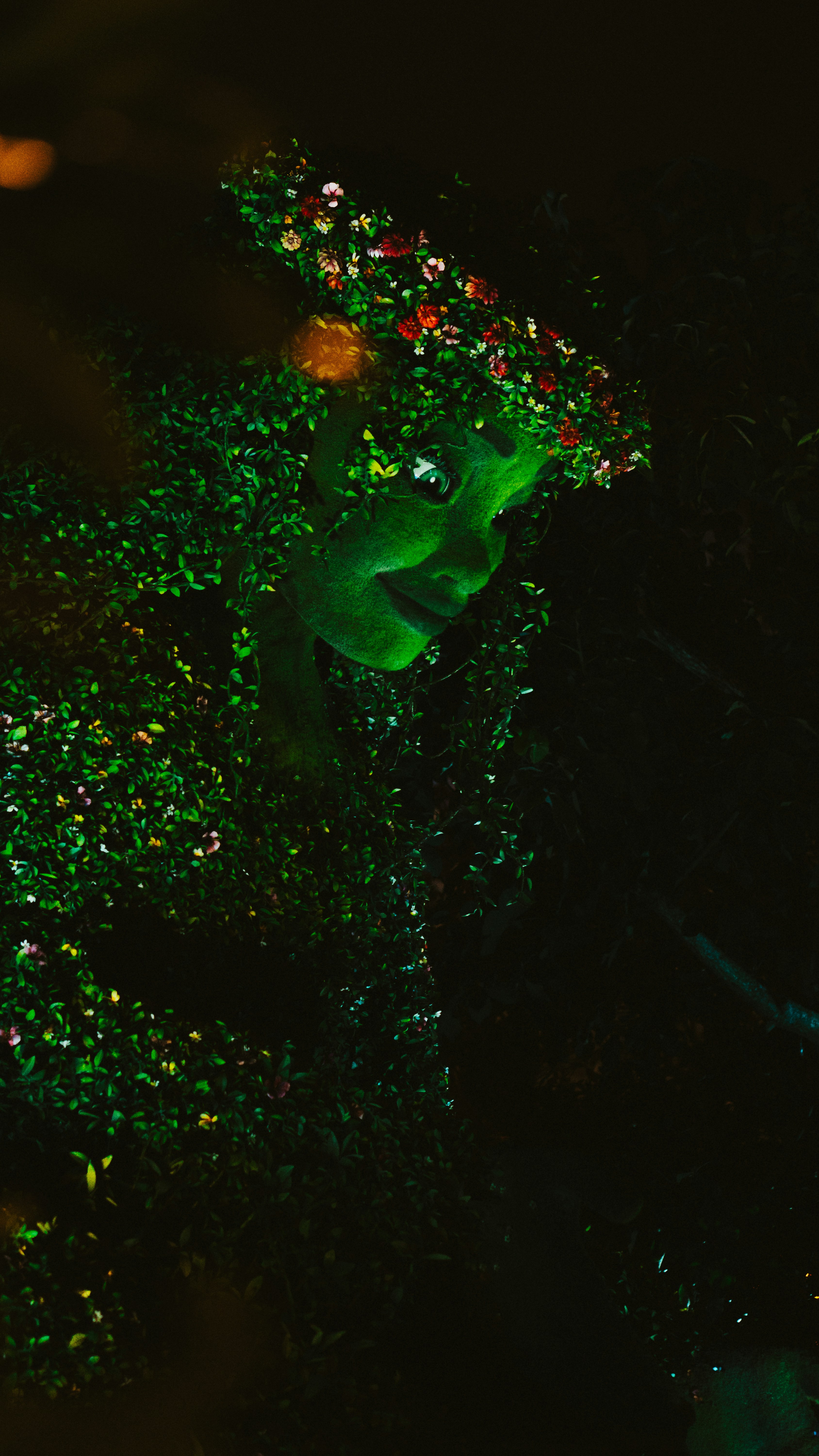 Emerald Veil: Night Portrait Woven from Leaves and Flower Crown