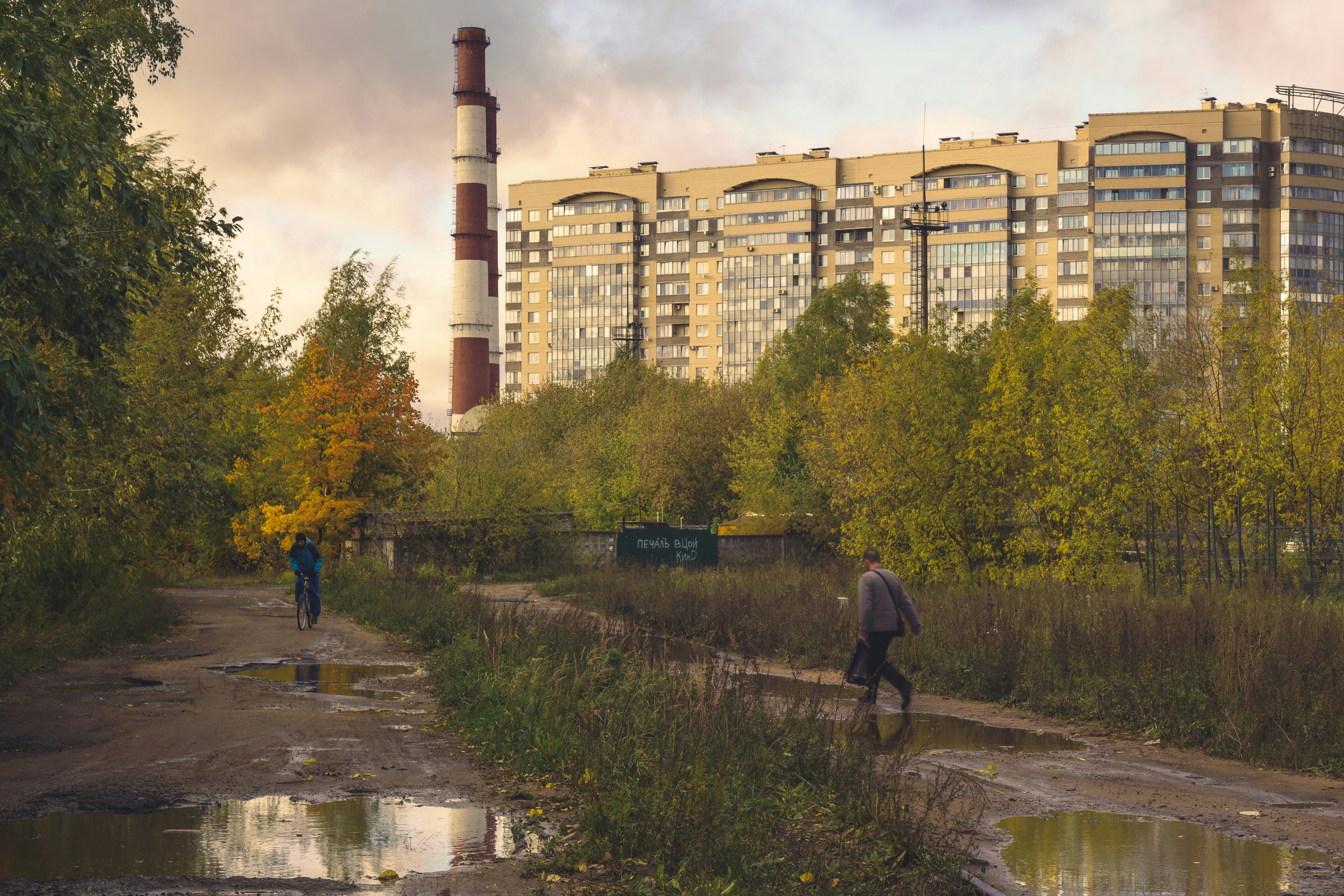 Between Puddles and Towers: A Quiet Walk Along an Industrial-Residential Skyline