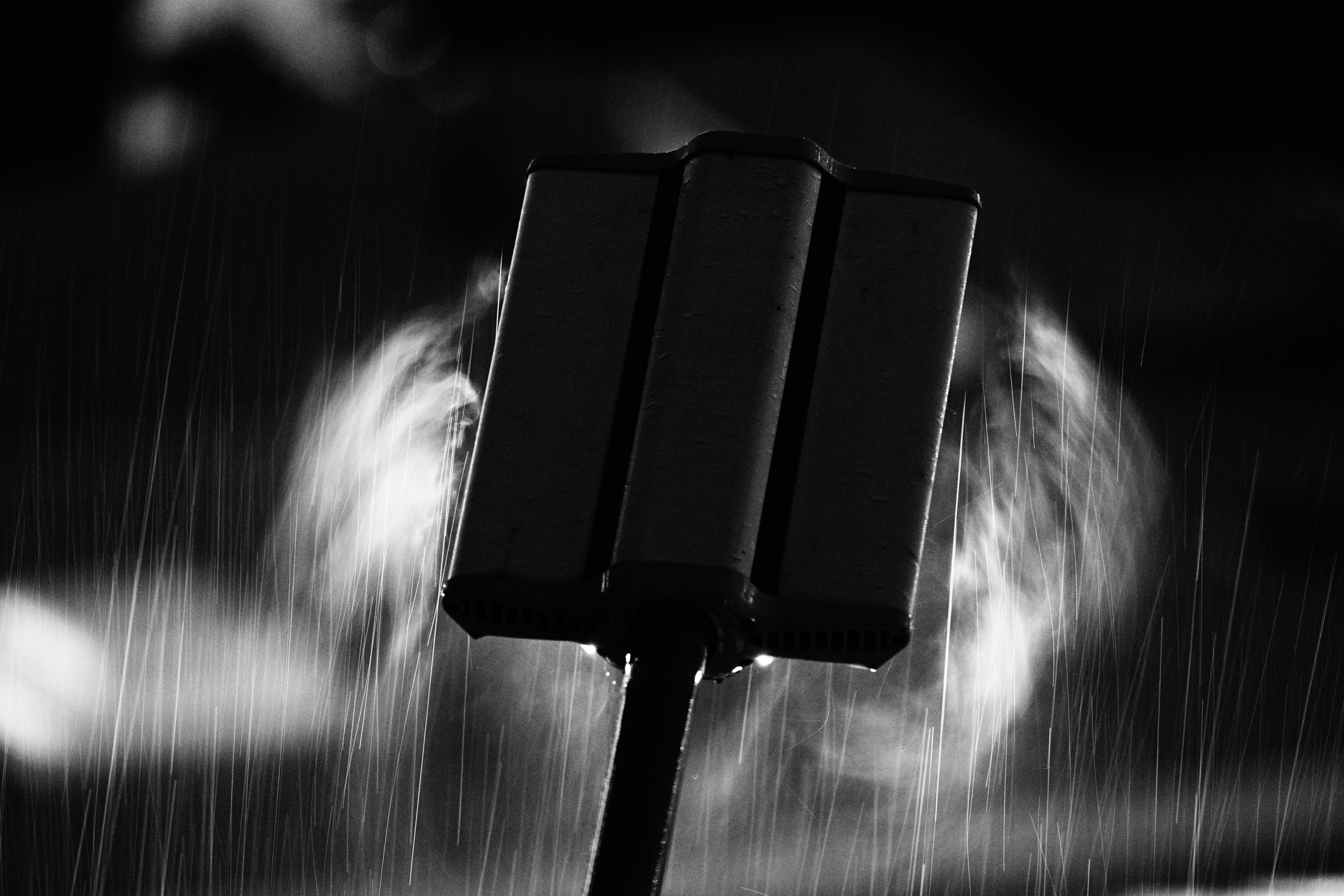 Monochrome Sentinel: Tripartite Lamp in the Rain