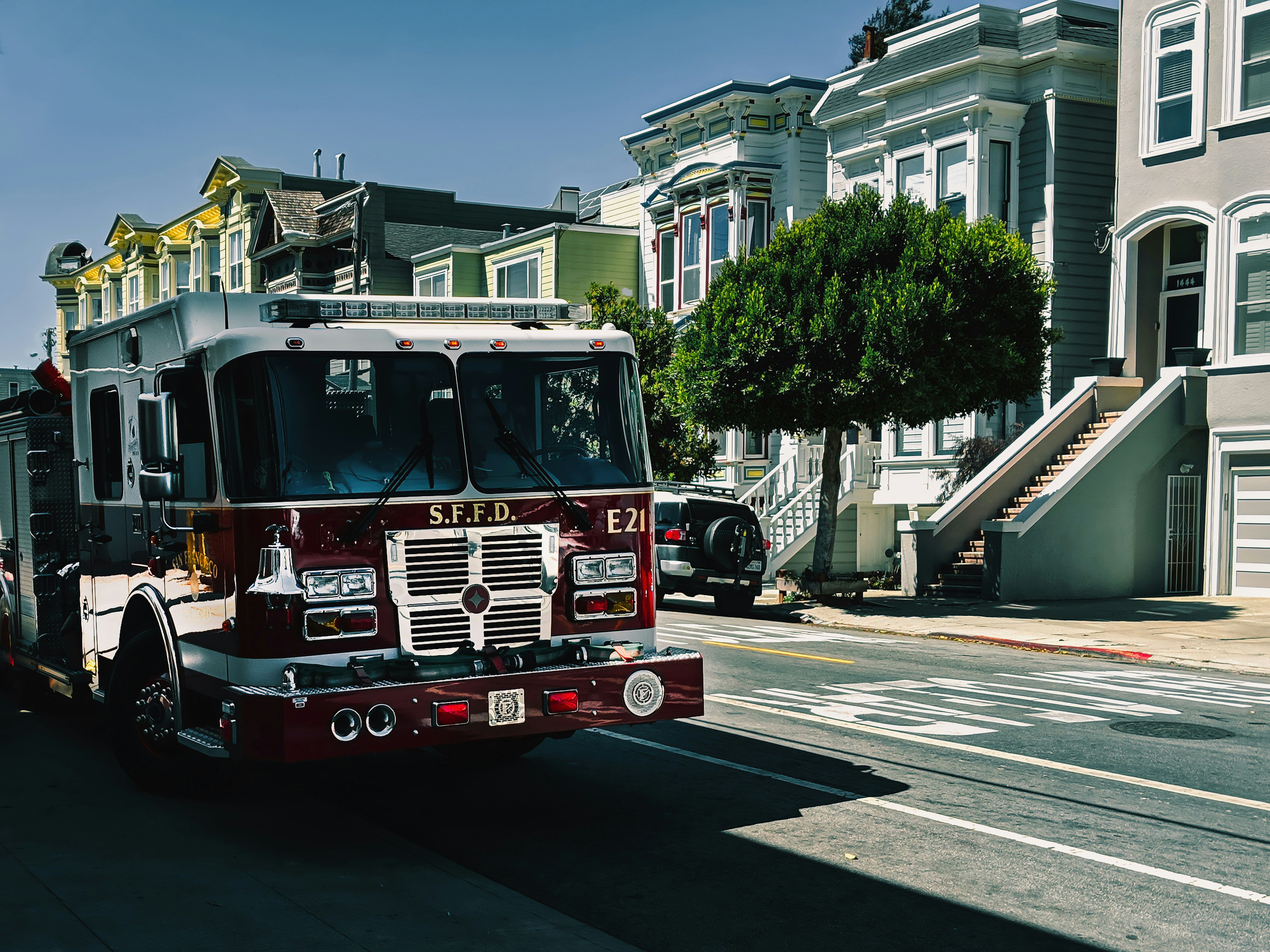 Fire Engine on a sunlit San Francisco Streetscape