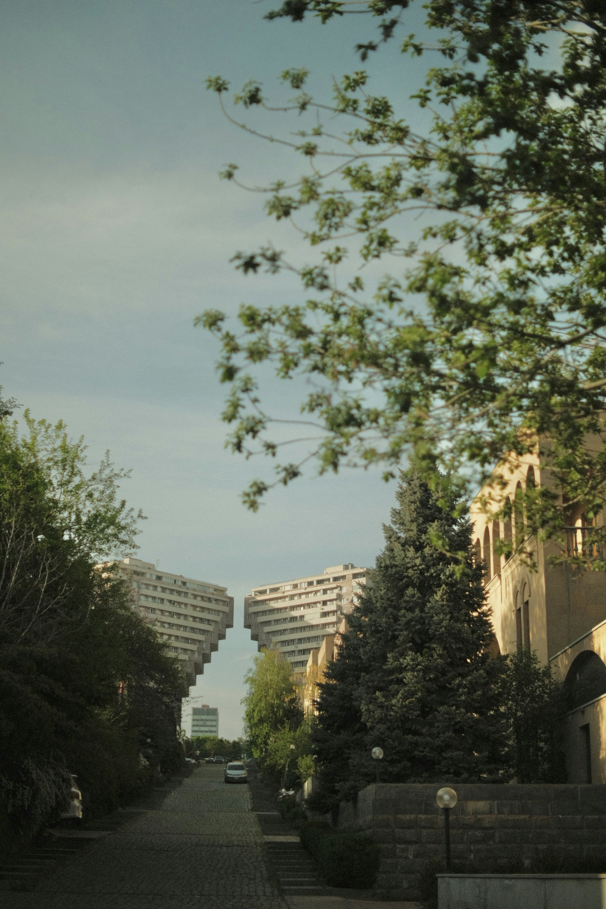 Architectural Convergence: Two Slanted Wings Framing a City Corridor