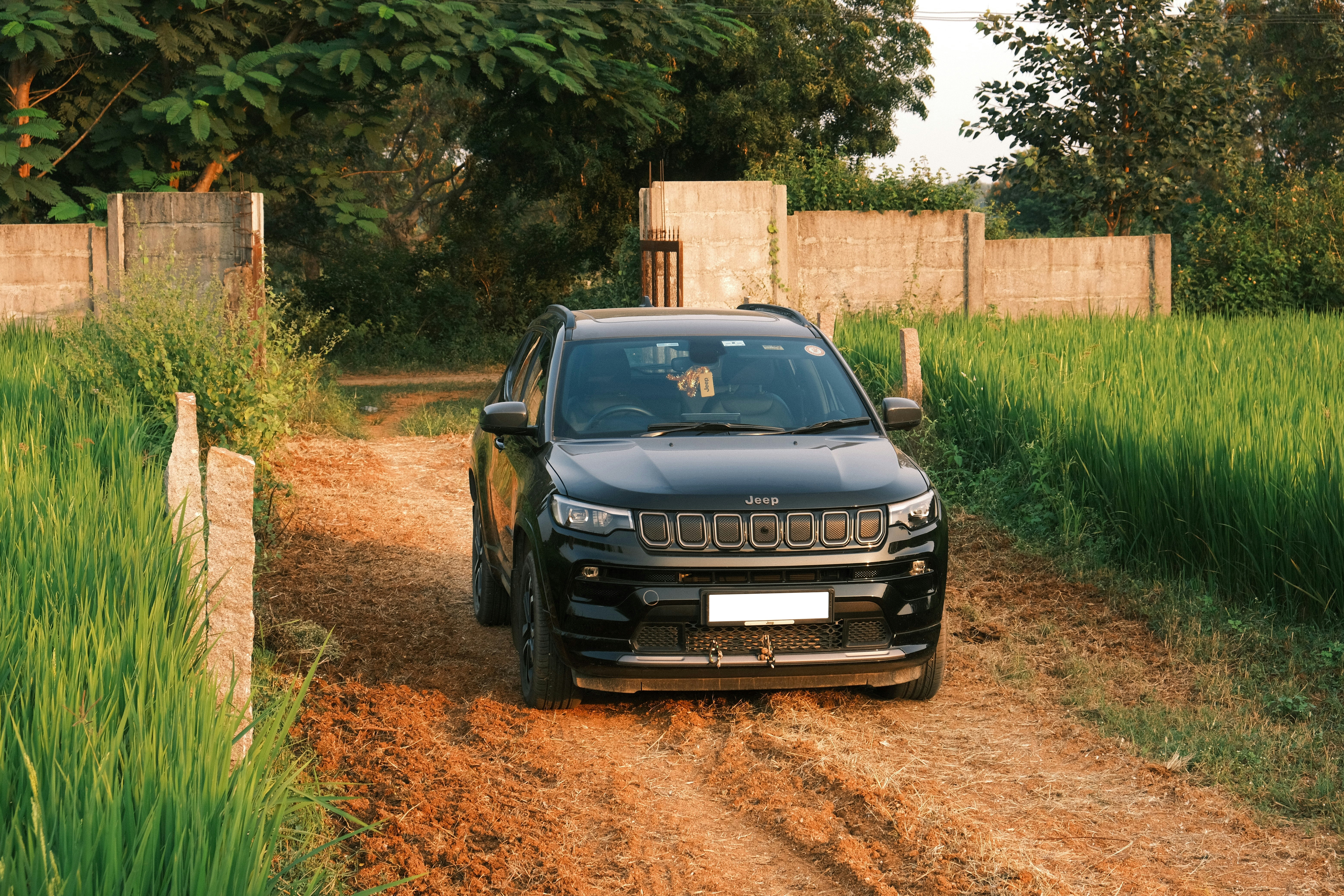 Black jeep navigating a narrow dirt path flanked by lush green fields under a clear sky.