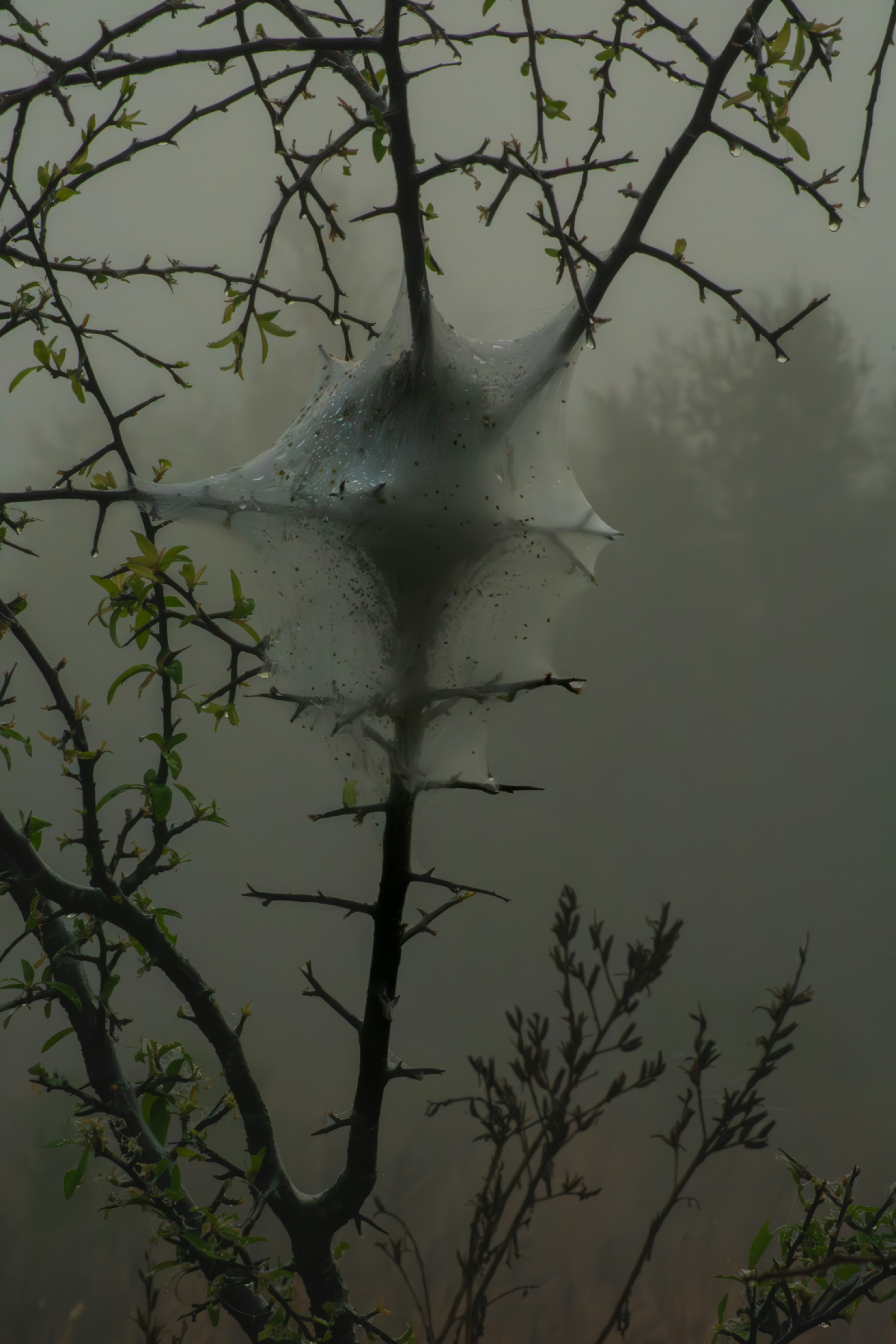 Dew-Glazed Web Afloat in Fog Among Thorny Branches