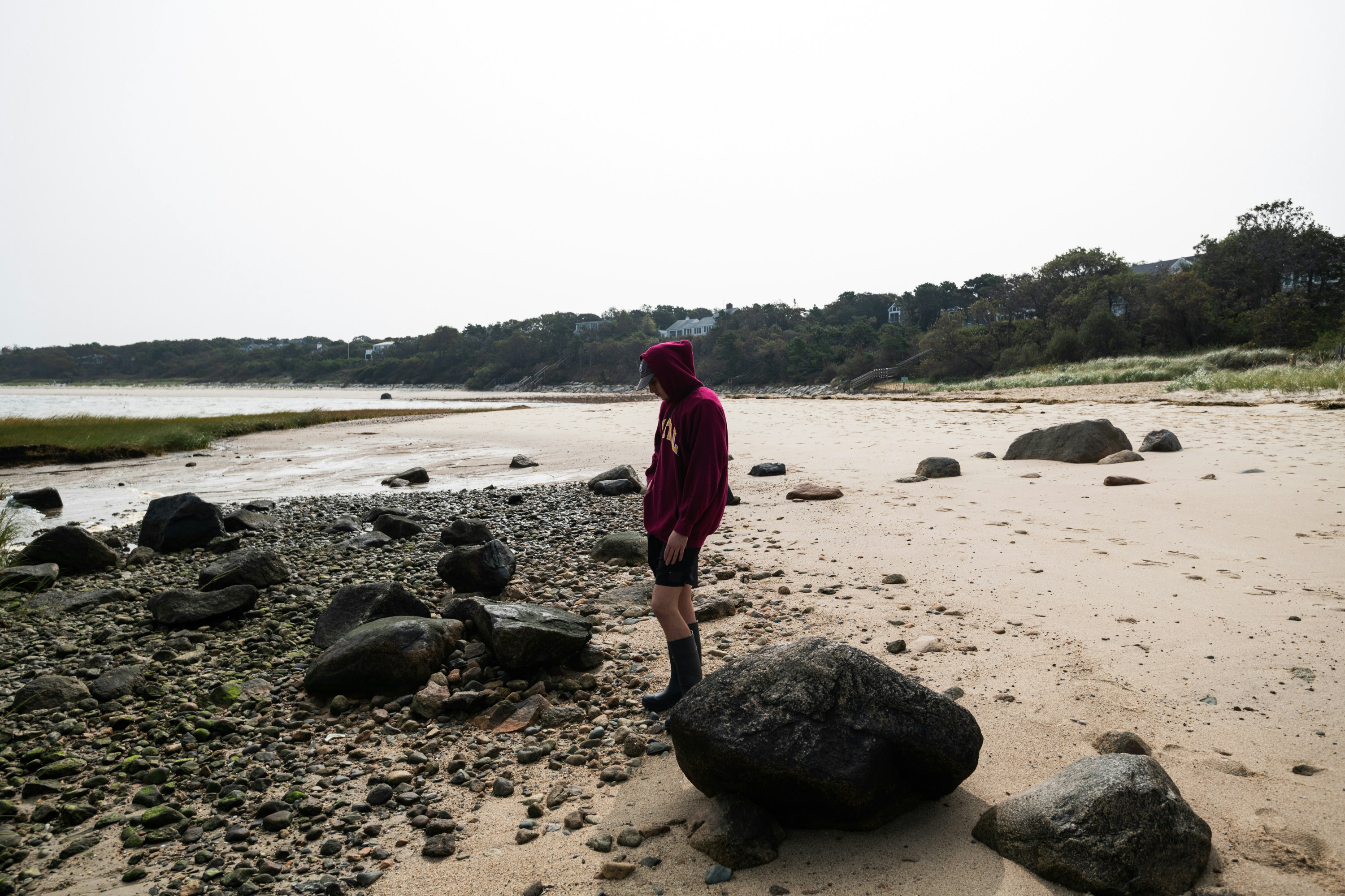 Crimson Hoodie on a Quiet Tidal Beach
