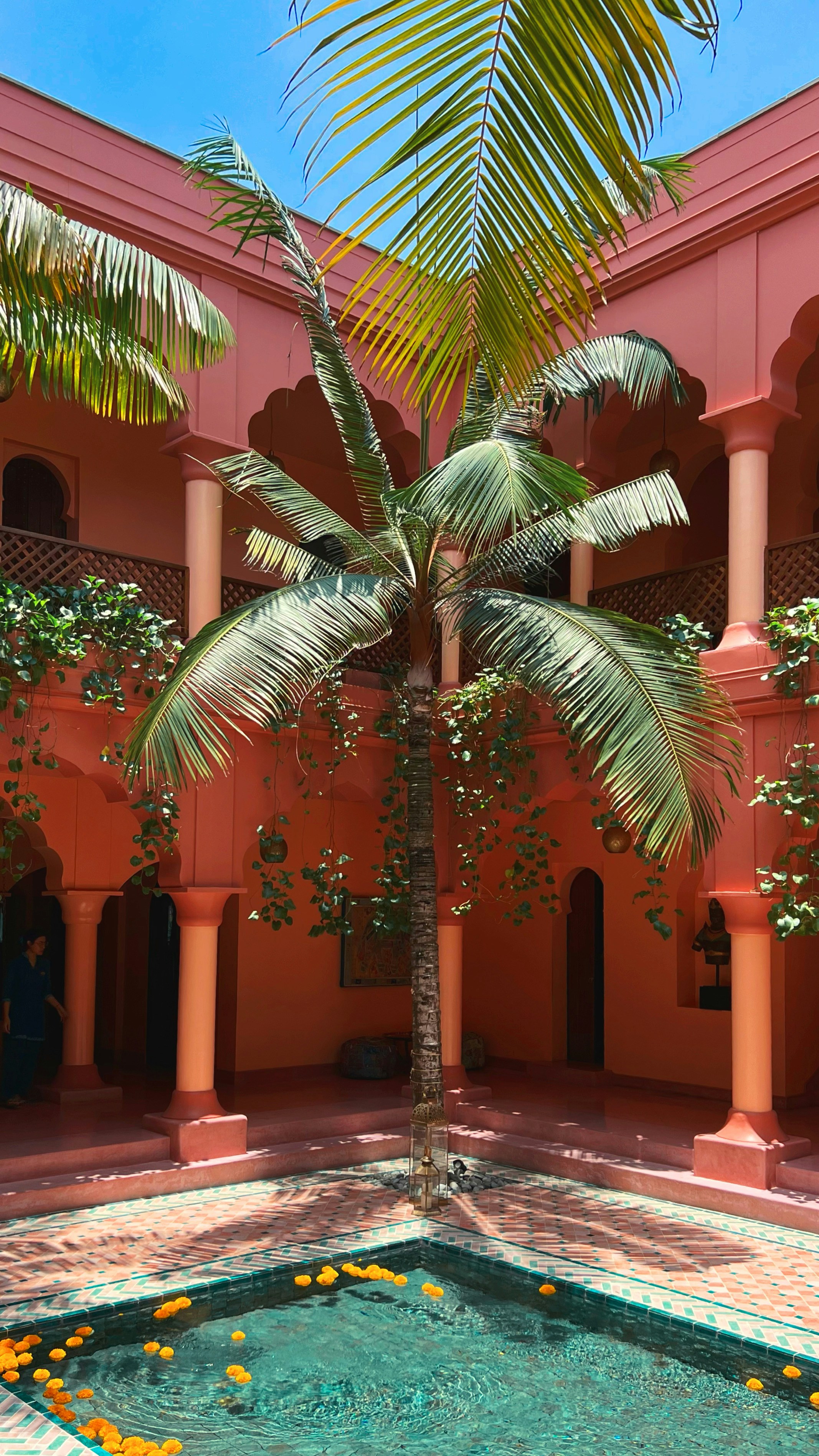 A central palm tree towers over a courtyard pool framed by coral-pink arches and columns, with bright blue sky overhead.