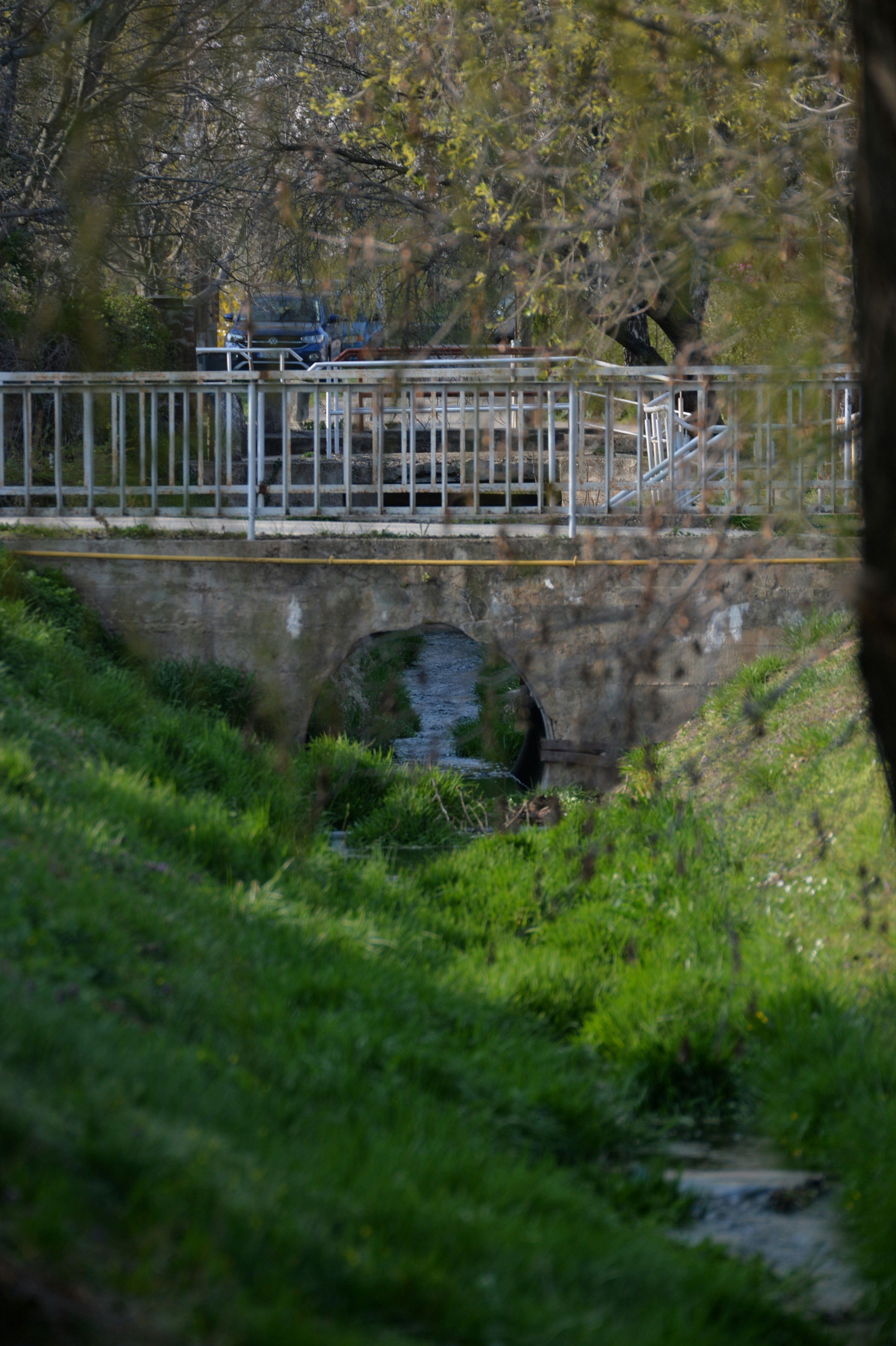 Bridge over a Quiet Stream: A Faded Arch Framed by Greenery