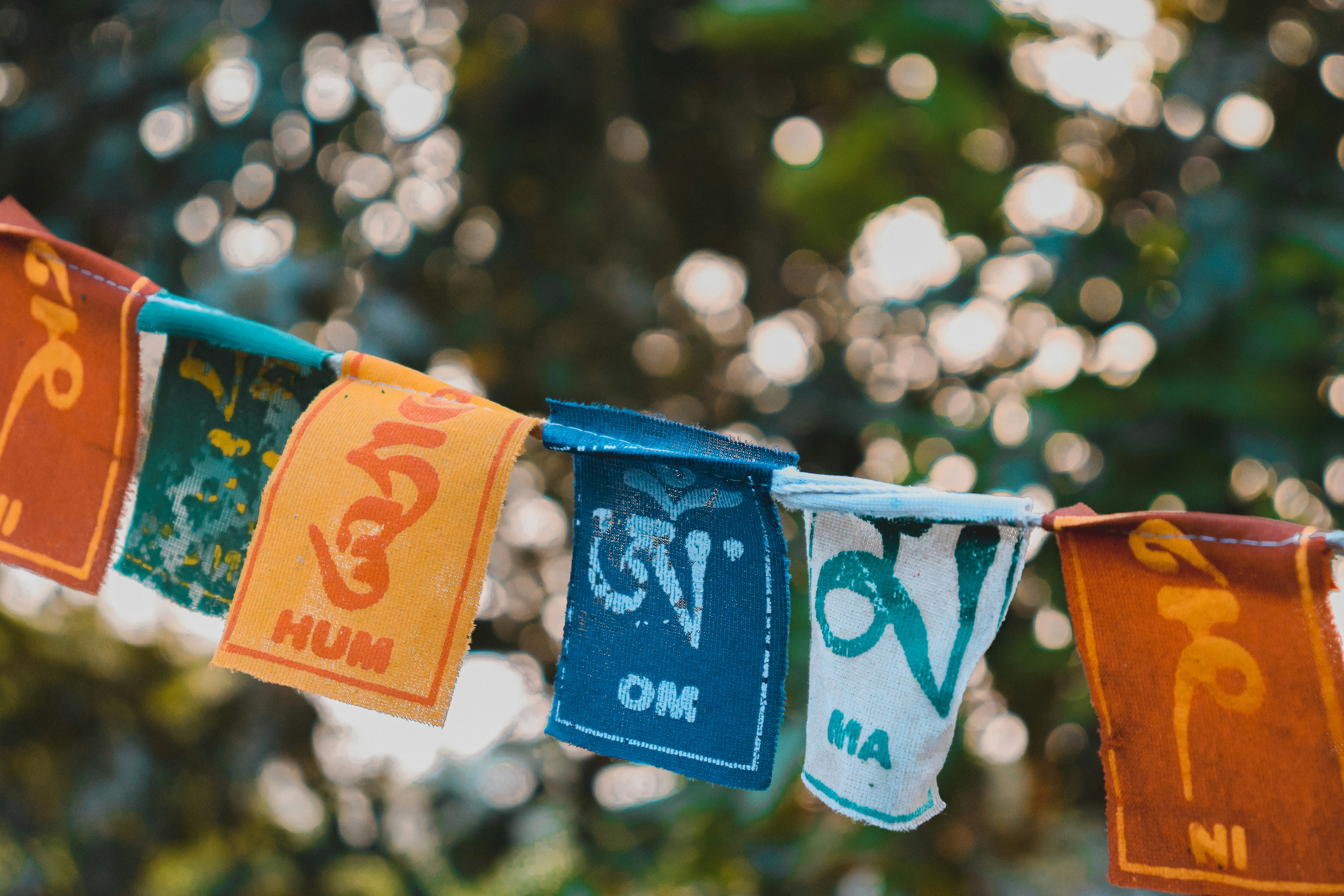 Whispering Prayer Flags in a Sunlit Garden