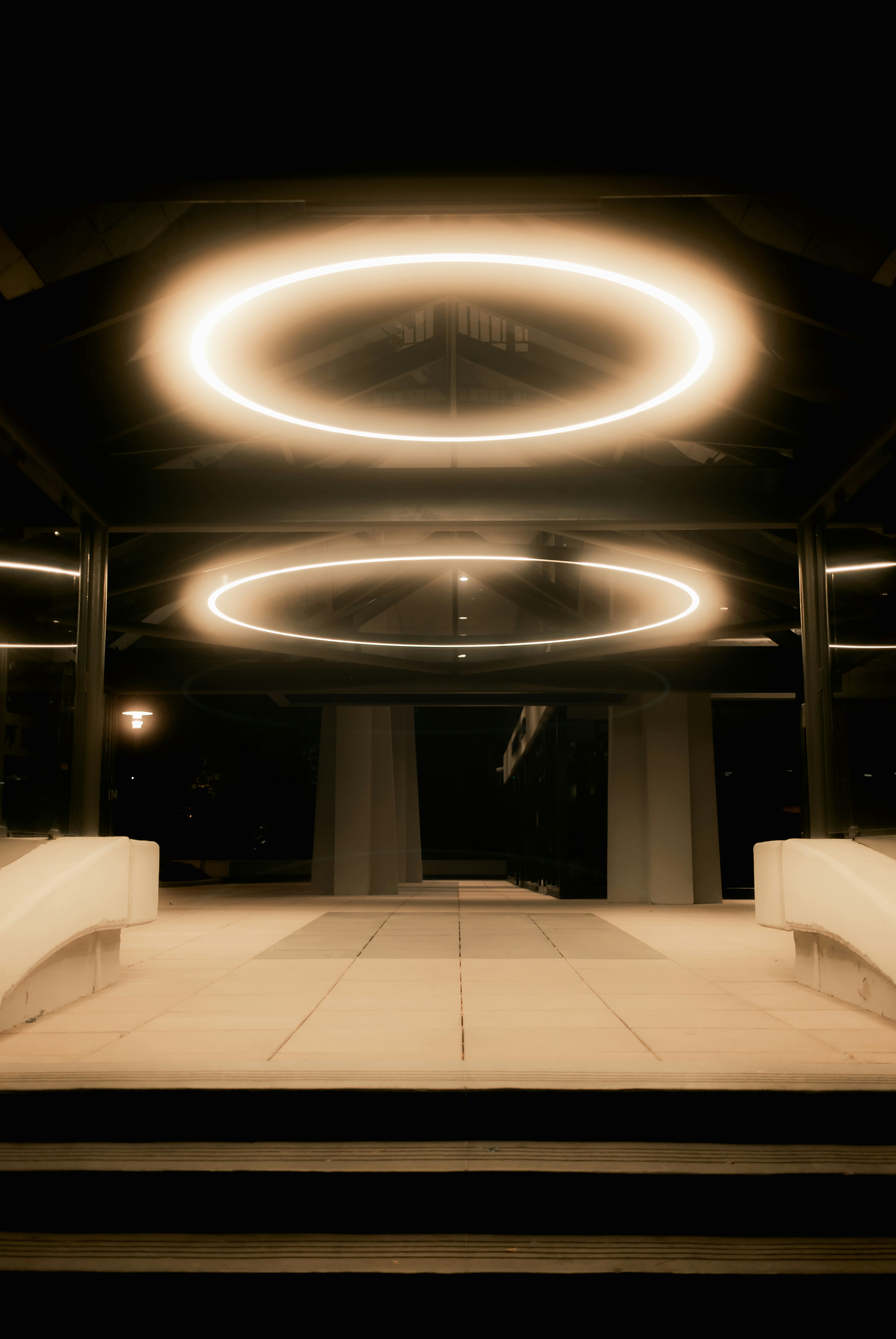 Halo Rings Over Quiet Stairwell: A Neon-Warm Night at the Plaza