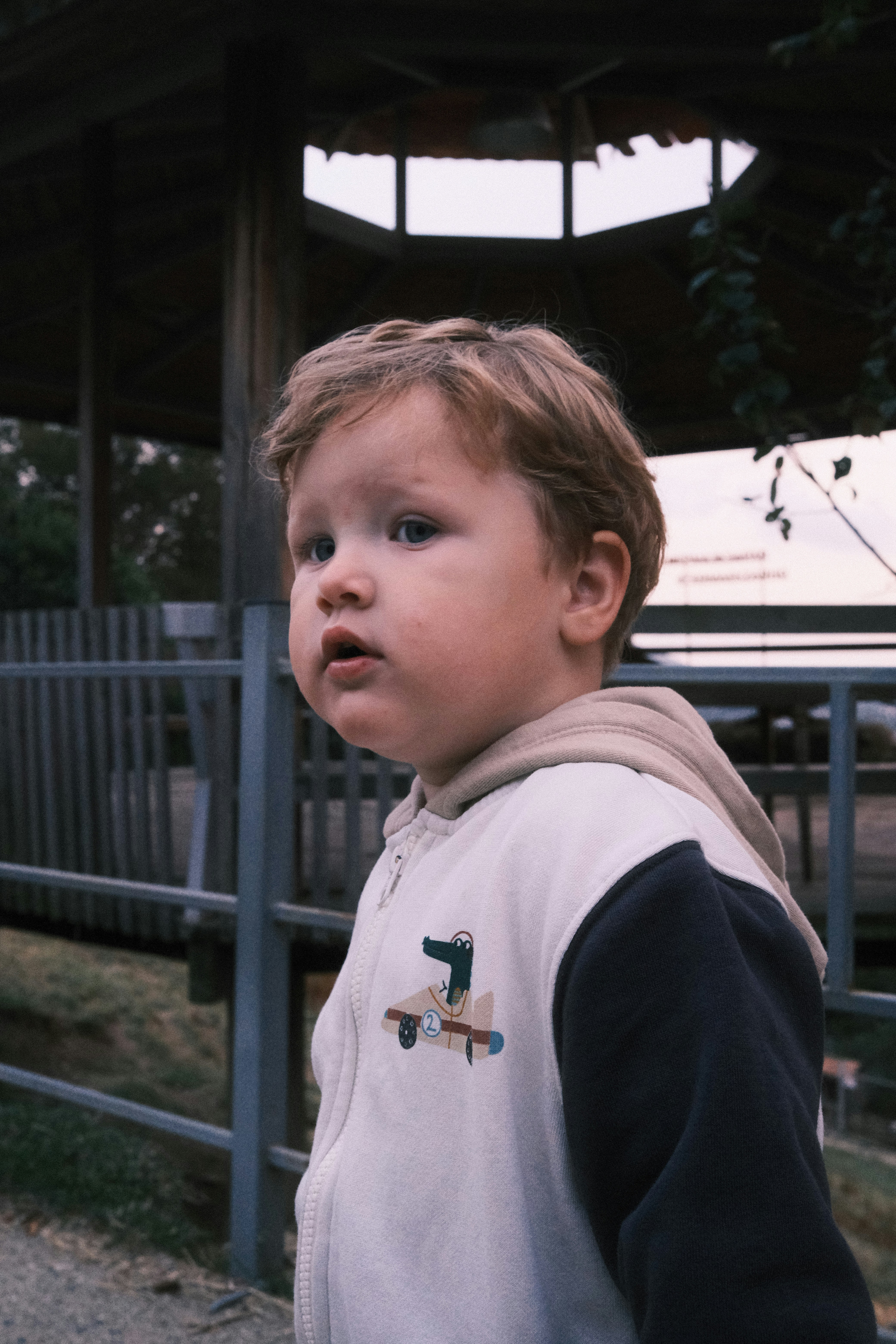 Child at the park: curious gaze against a wooden pavilion