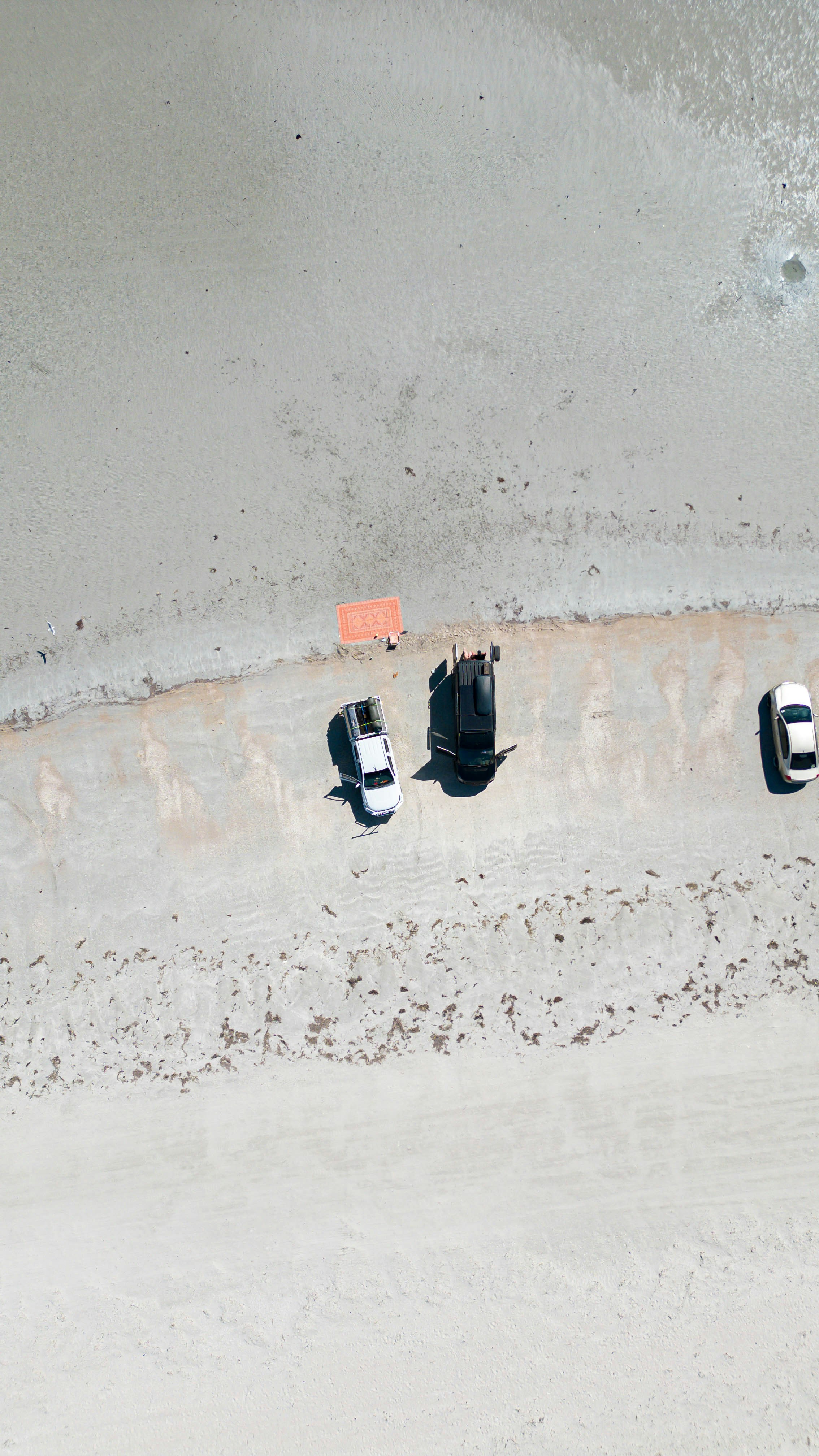 three cars parked on a beach near the ocean