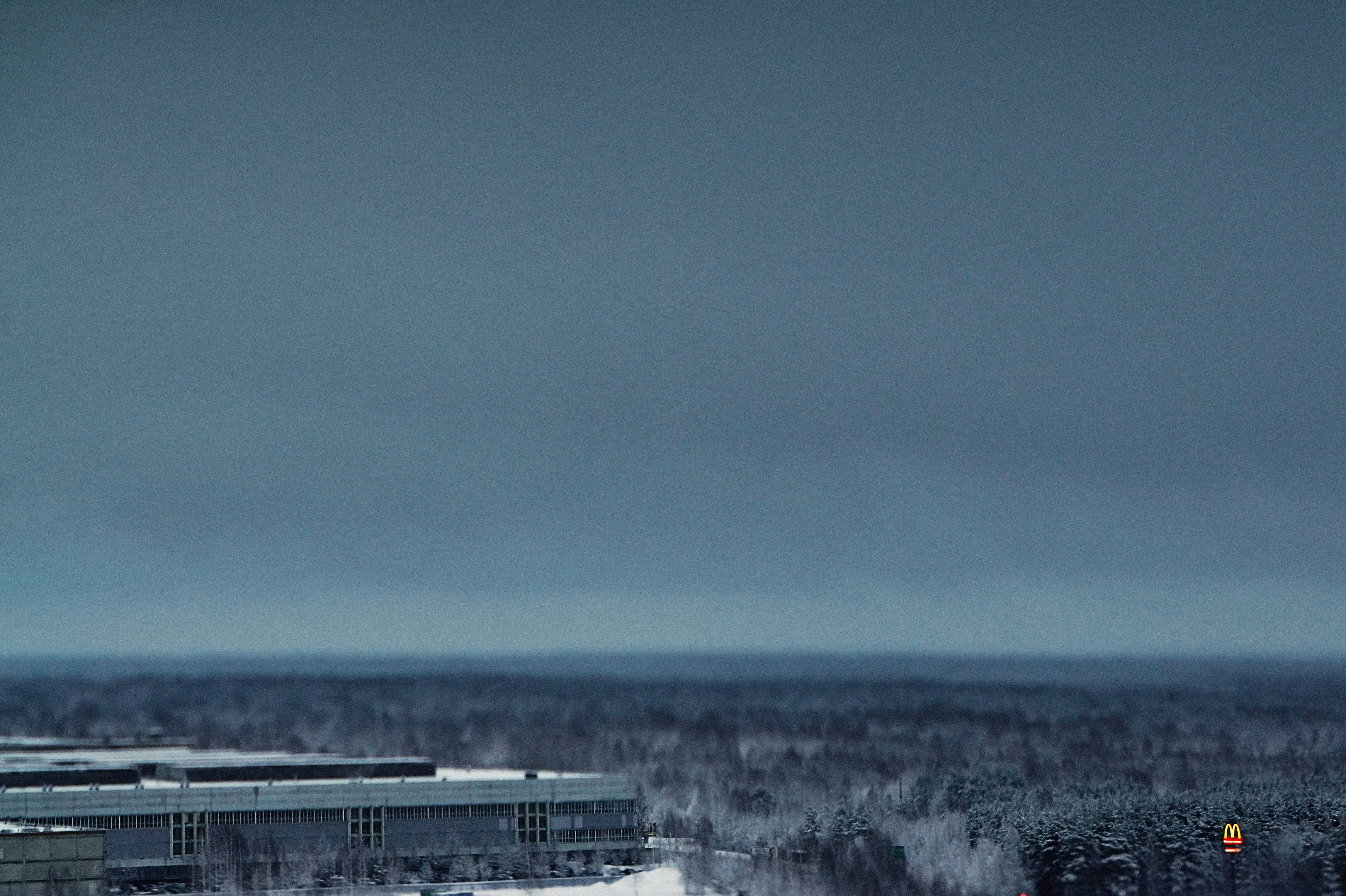Post-apocalyptic landscape: an endless winter forest, in which there is an abandoned building of an old Soviet factory and the logo of the McDonald's diner glows against the background of a gloomy sky