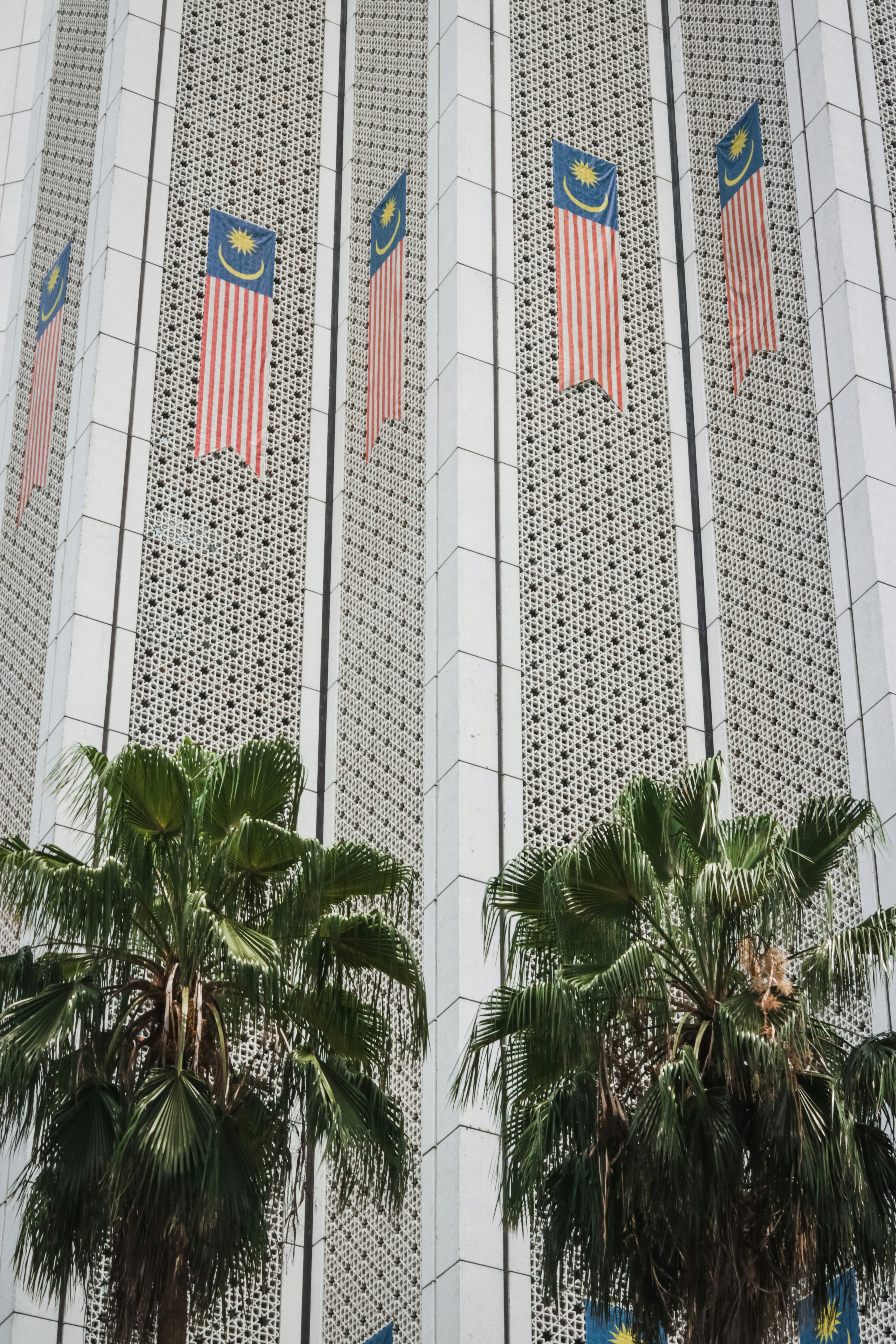 Vertical facade of a building adorned with Malaysian flags and decorative patterns, complemented by lush palm trees at the base.