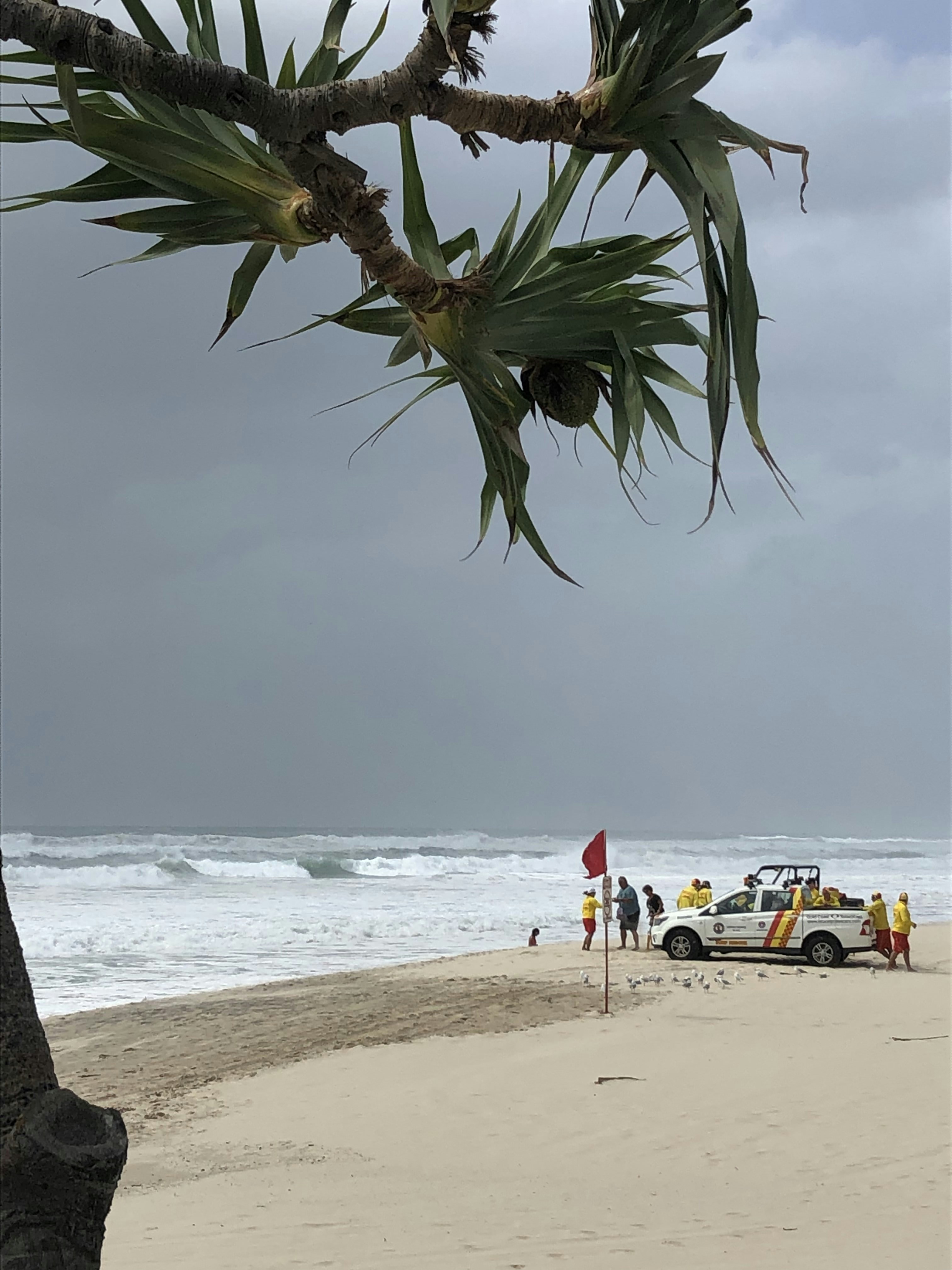 Red Flag and Rescue Crew on a Wind-Churned Beach