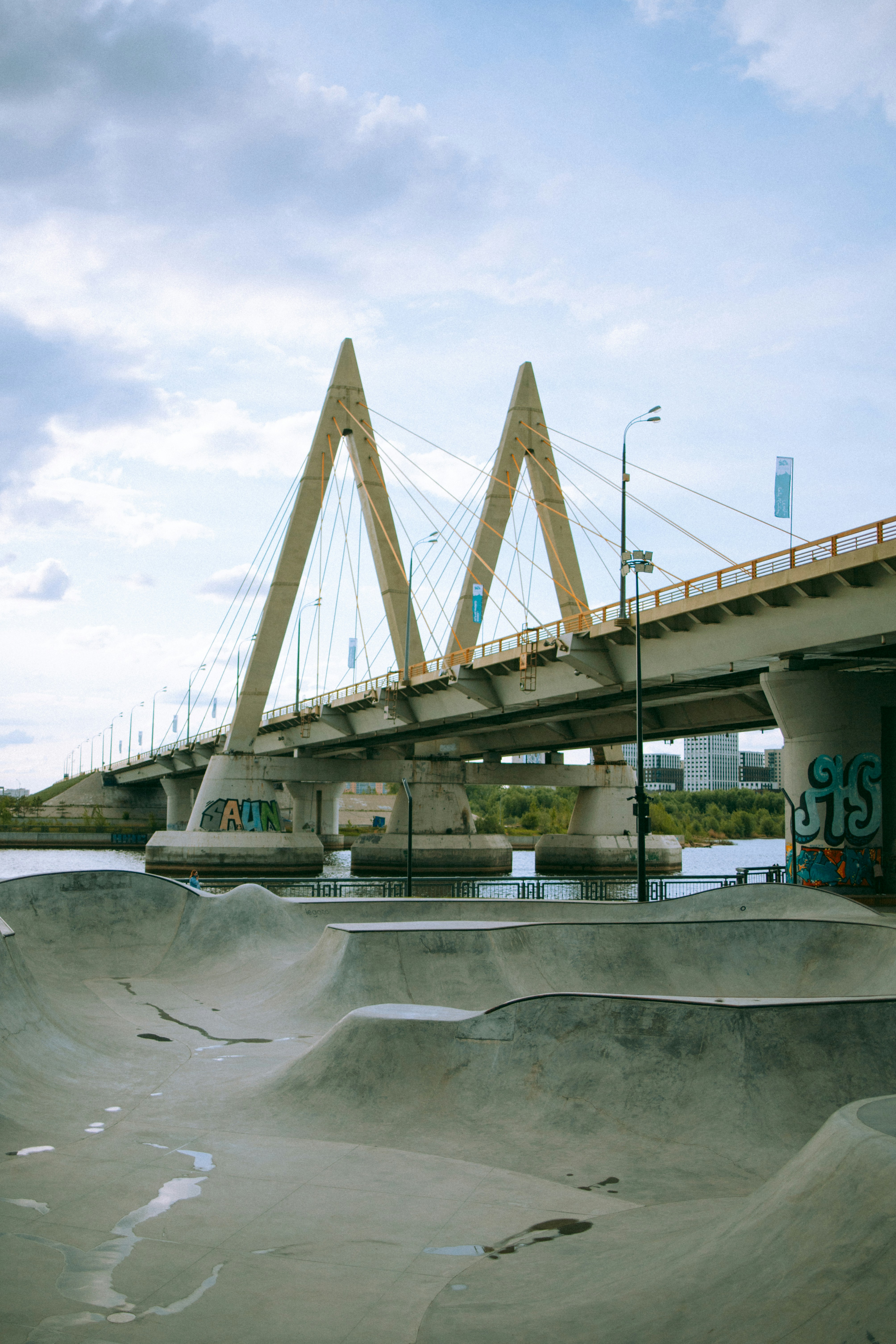 Twin Yellow Arches Over the River, Framed by a Skatepark Foreground