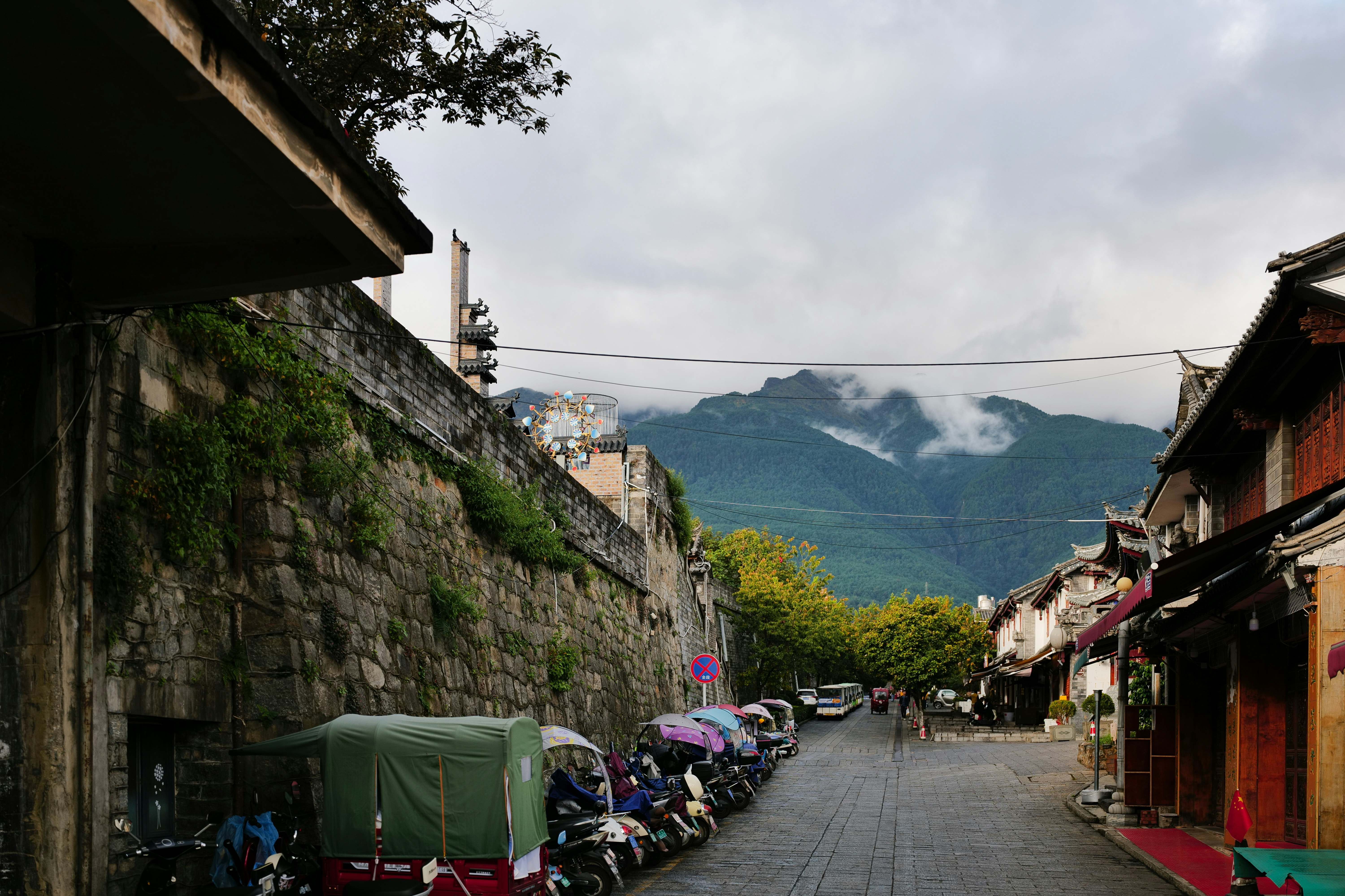Footpath Through a Mountain Village Under a Cloudy Sky