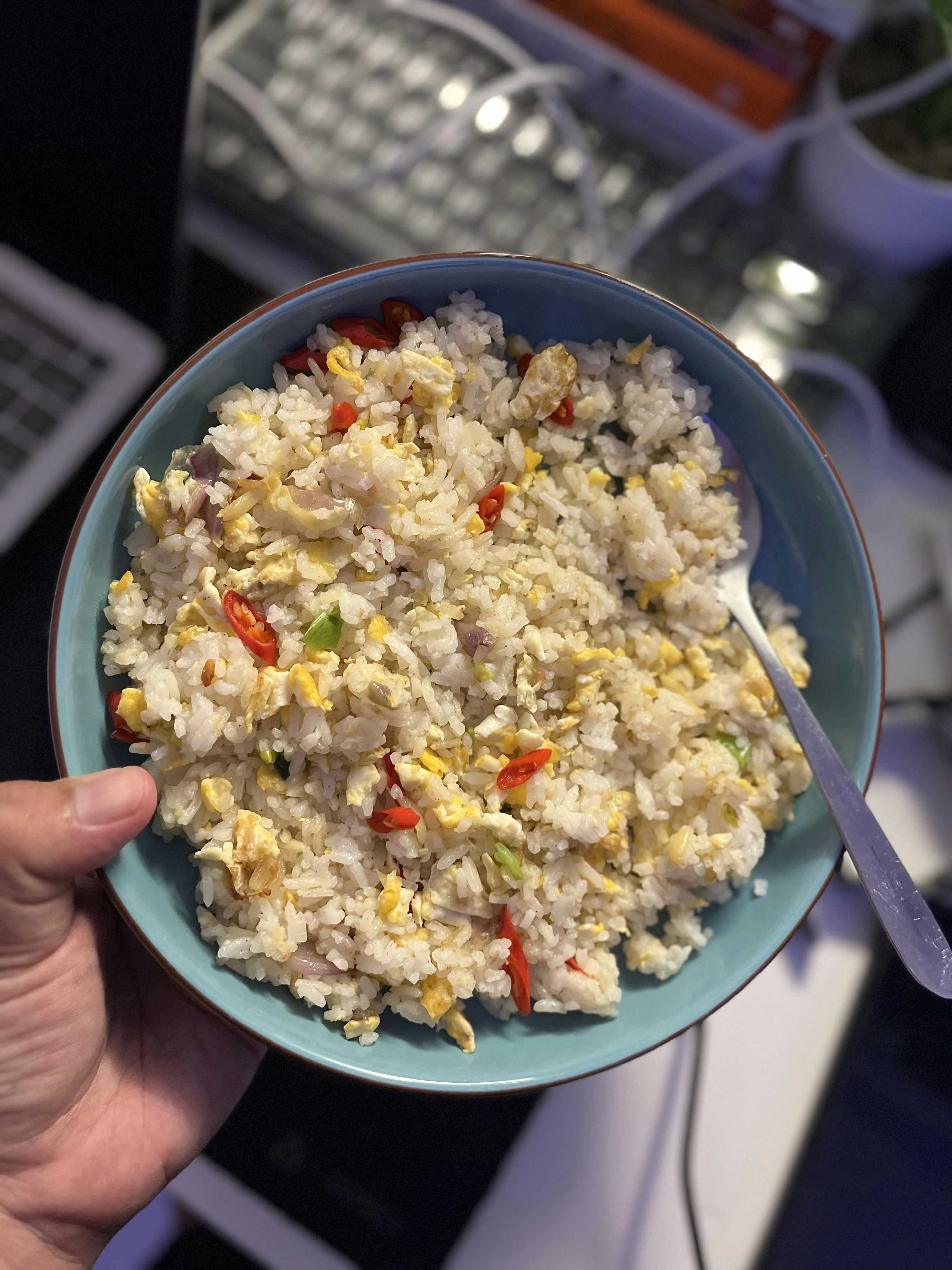 Cerulean Fried Rice in Focus: a handheld bowl against a busy desk backdrop