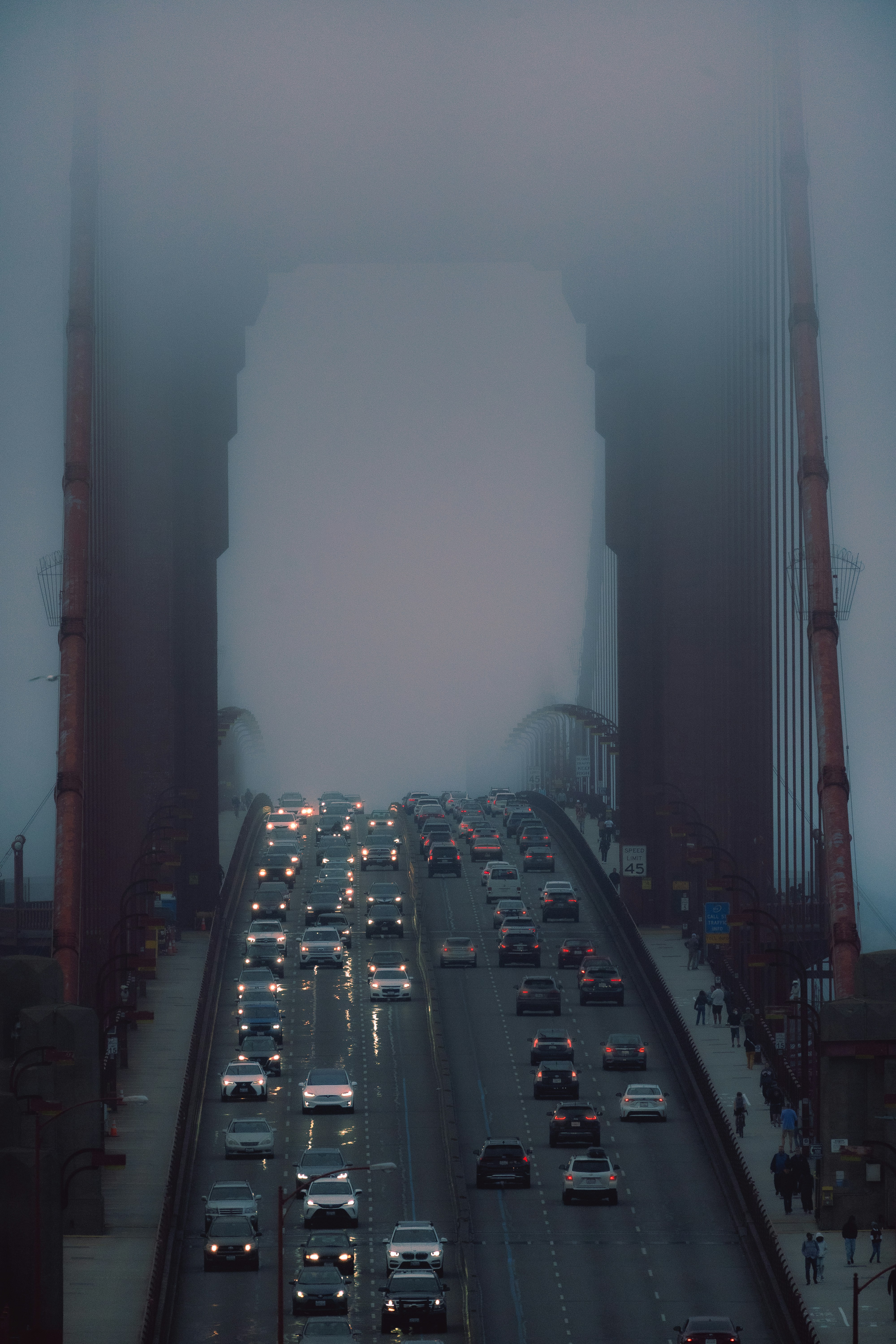 Mist-Whispered Suspension Bridge: Traffic Converges Toward a Distant Arch