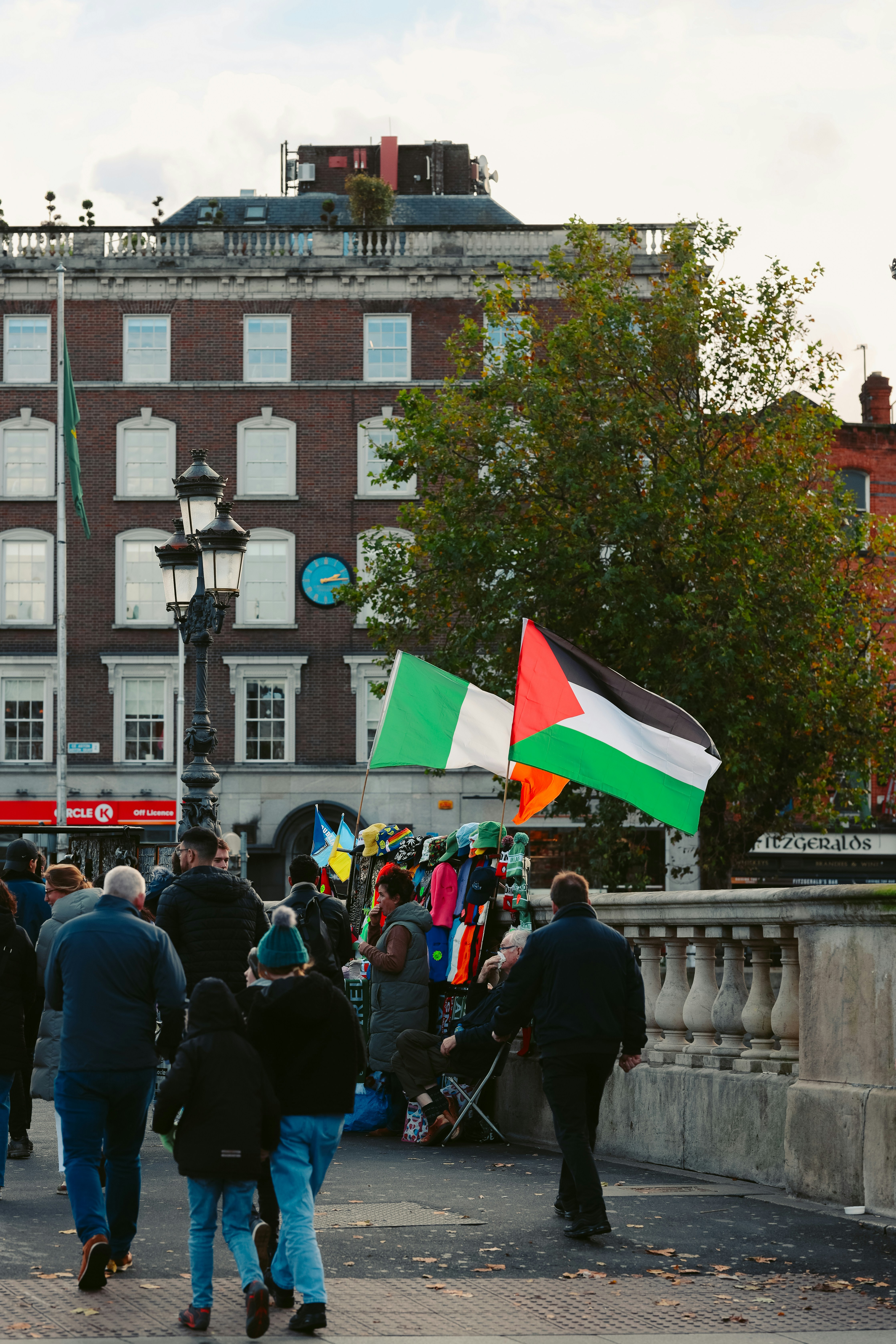 Flagged Confluence on the Bridge: Market Buzz Beneath Irish and Palestinian Colors