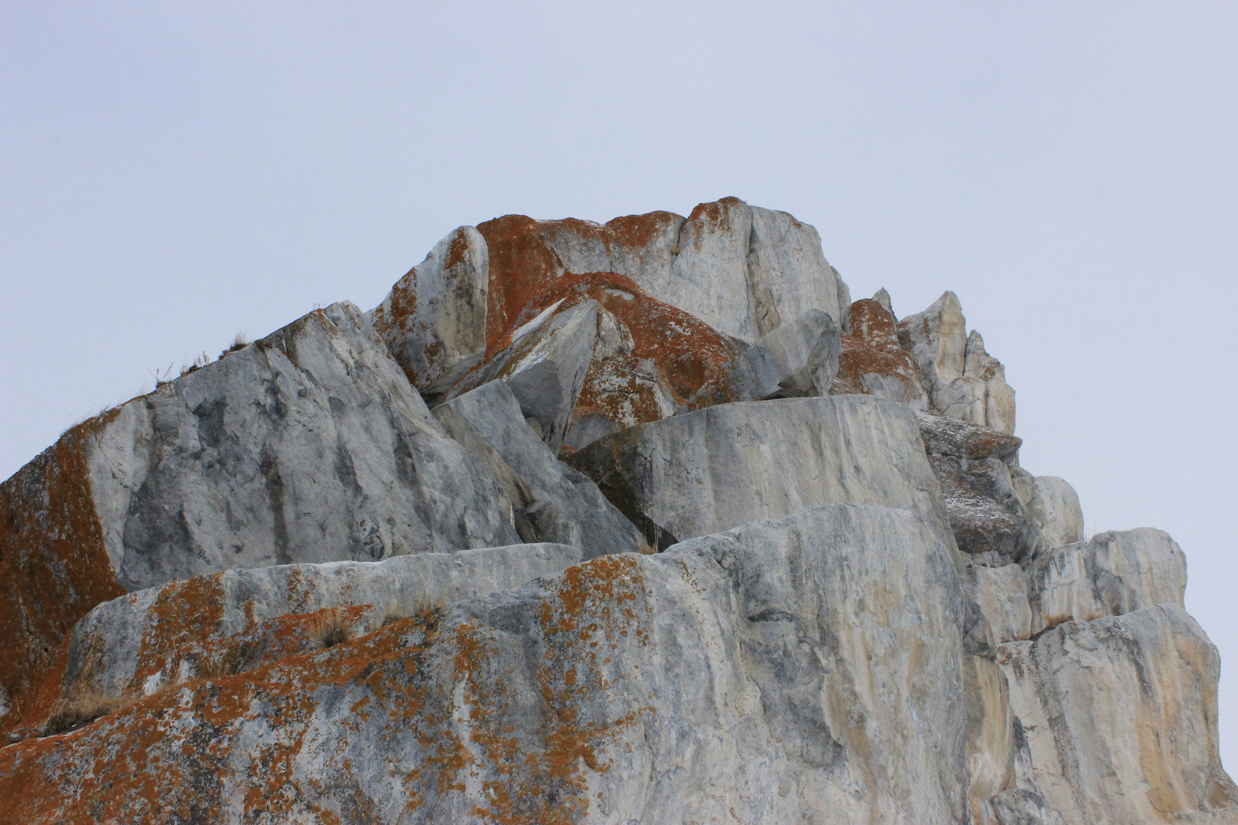 Coral-Lichen Crowned Granite Ridge Under a Pale Sky