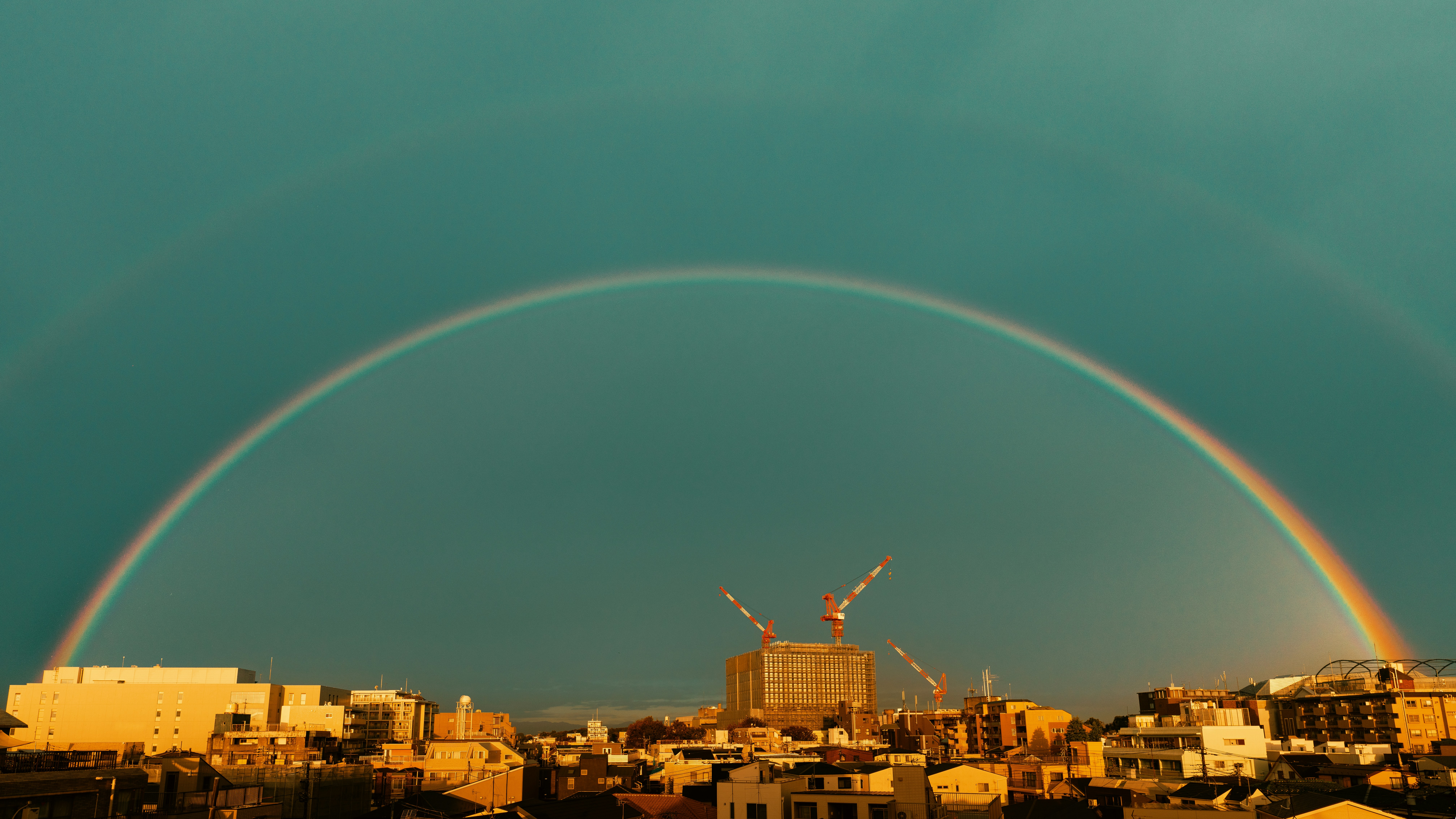 Rainbow Ribbon Over a Crane-Dotted City at Golden Hour
