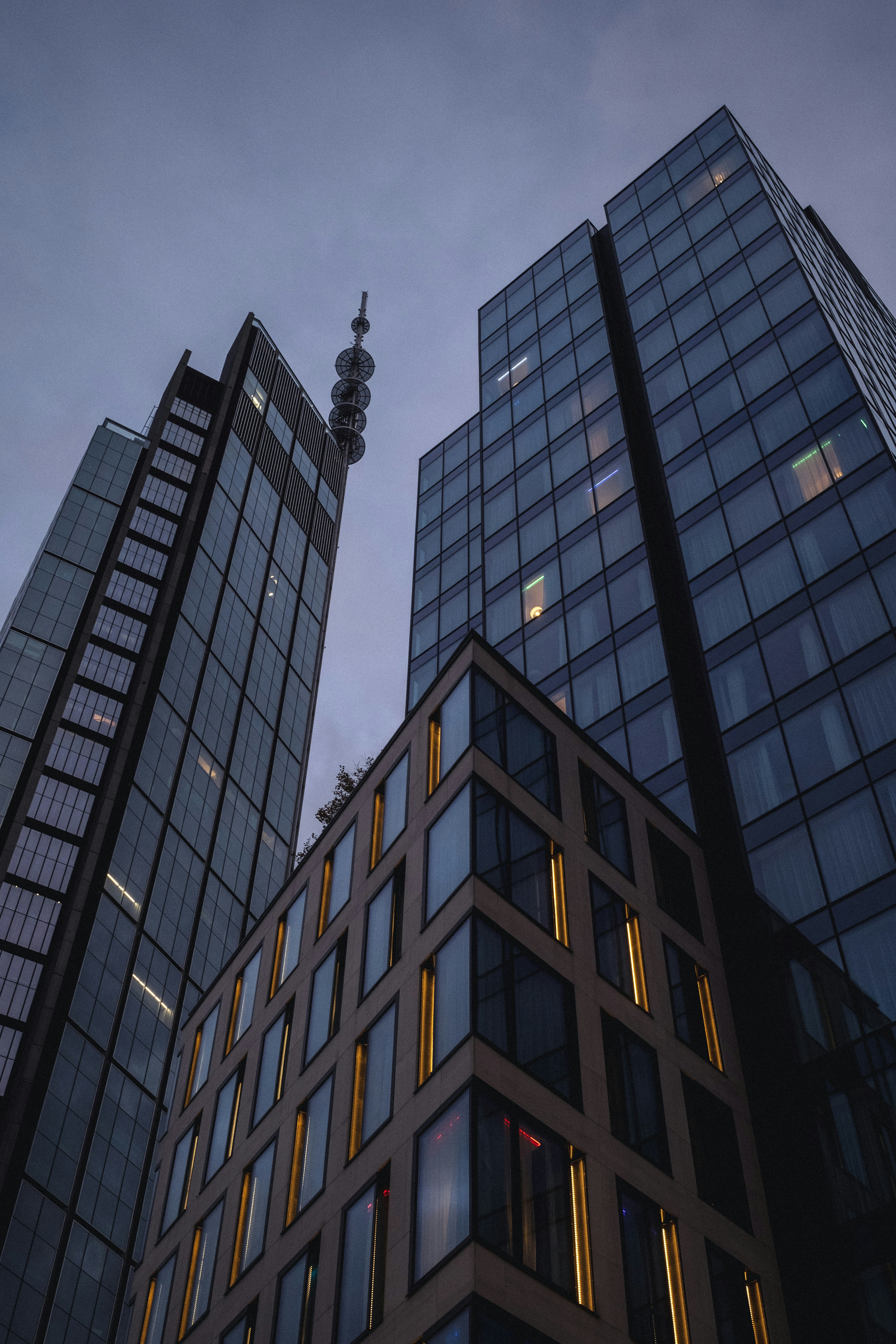 Twilight Facades: Glass Towers Framed in Neon