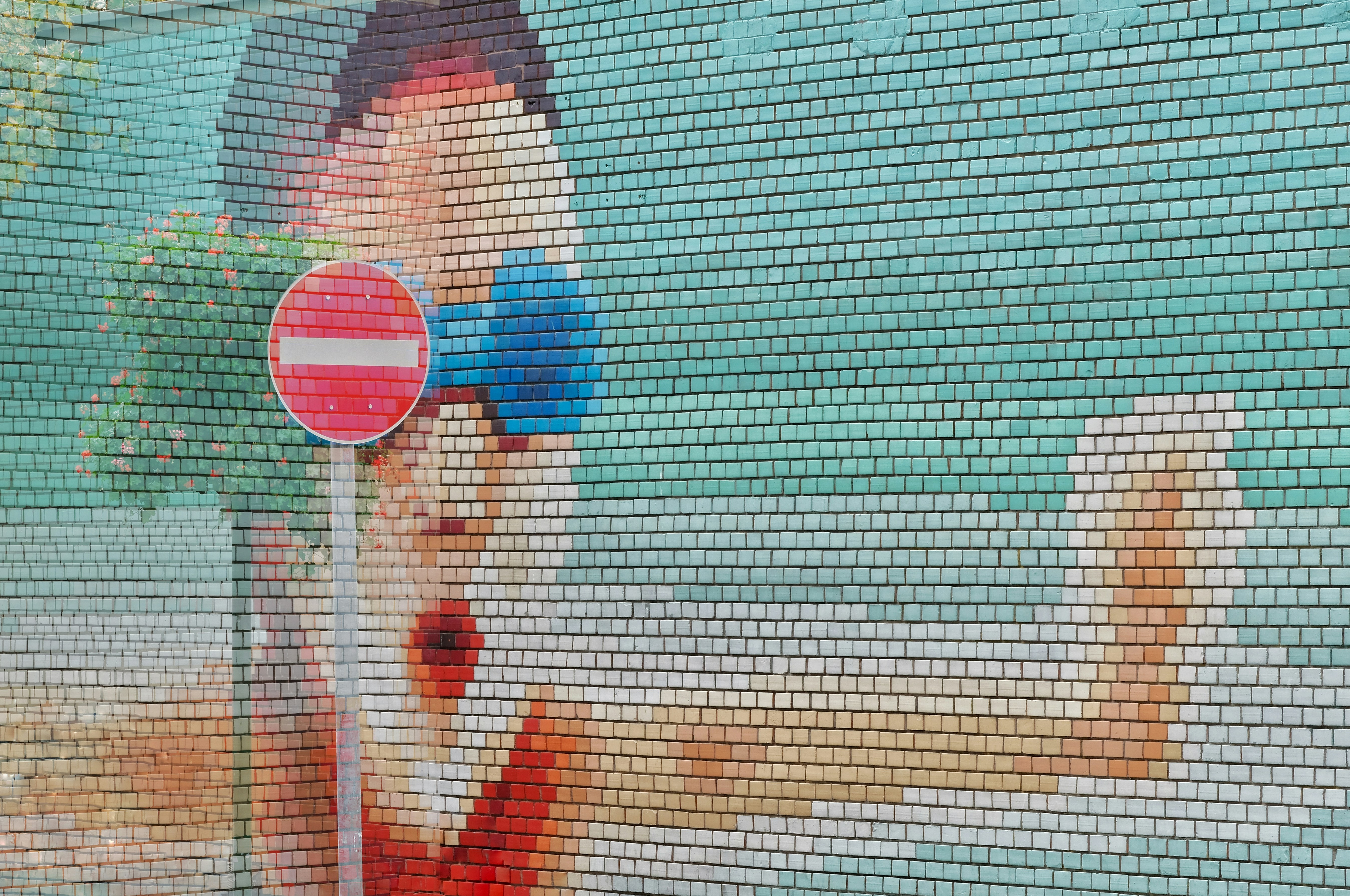 Mosaic of a Surfer Girl Behind a No Entry Sign