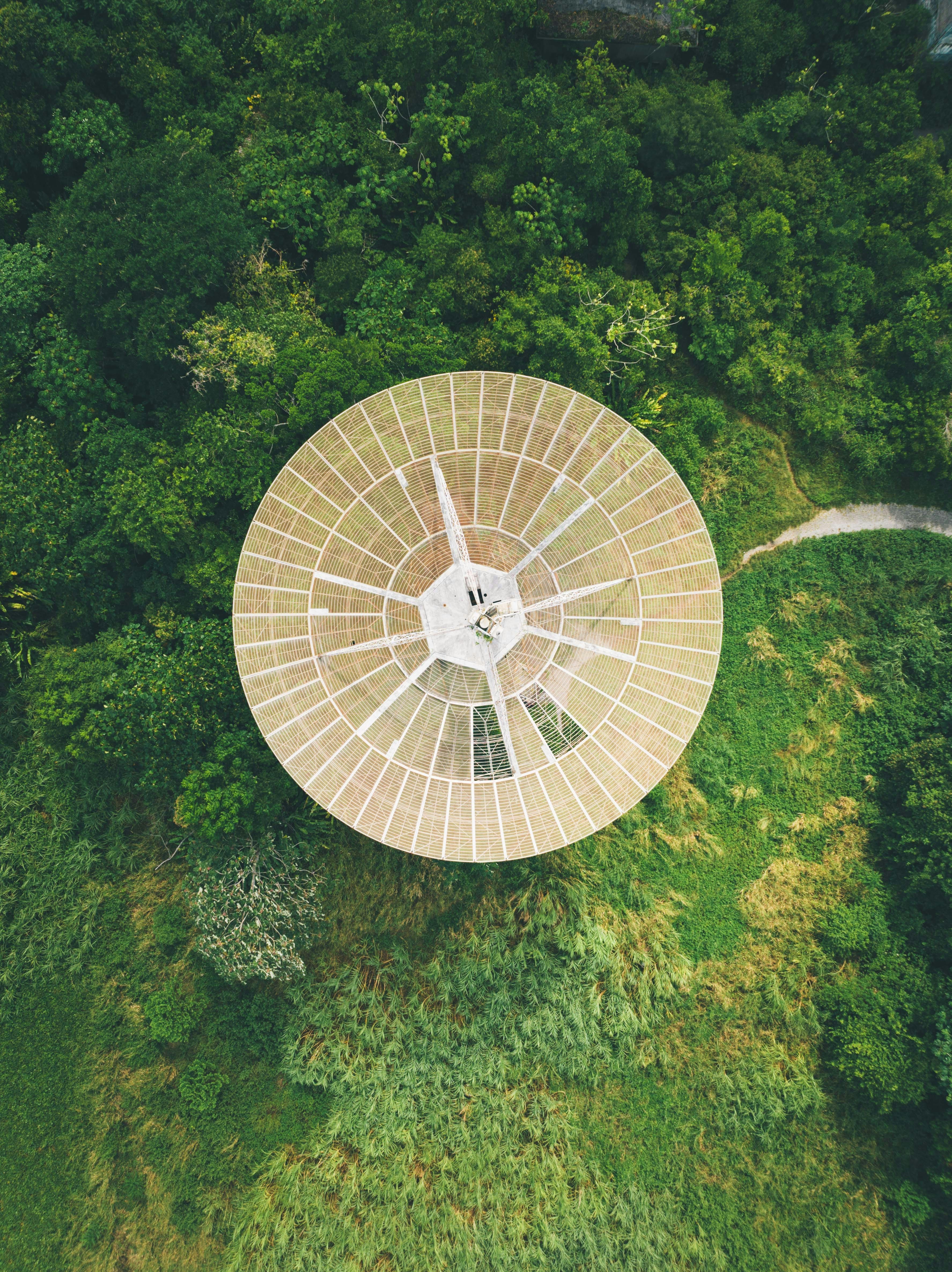 An aerial view of a round structure in the middle of a forest photo ...