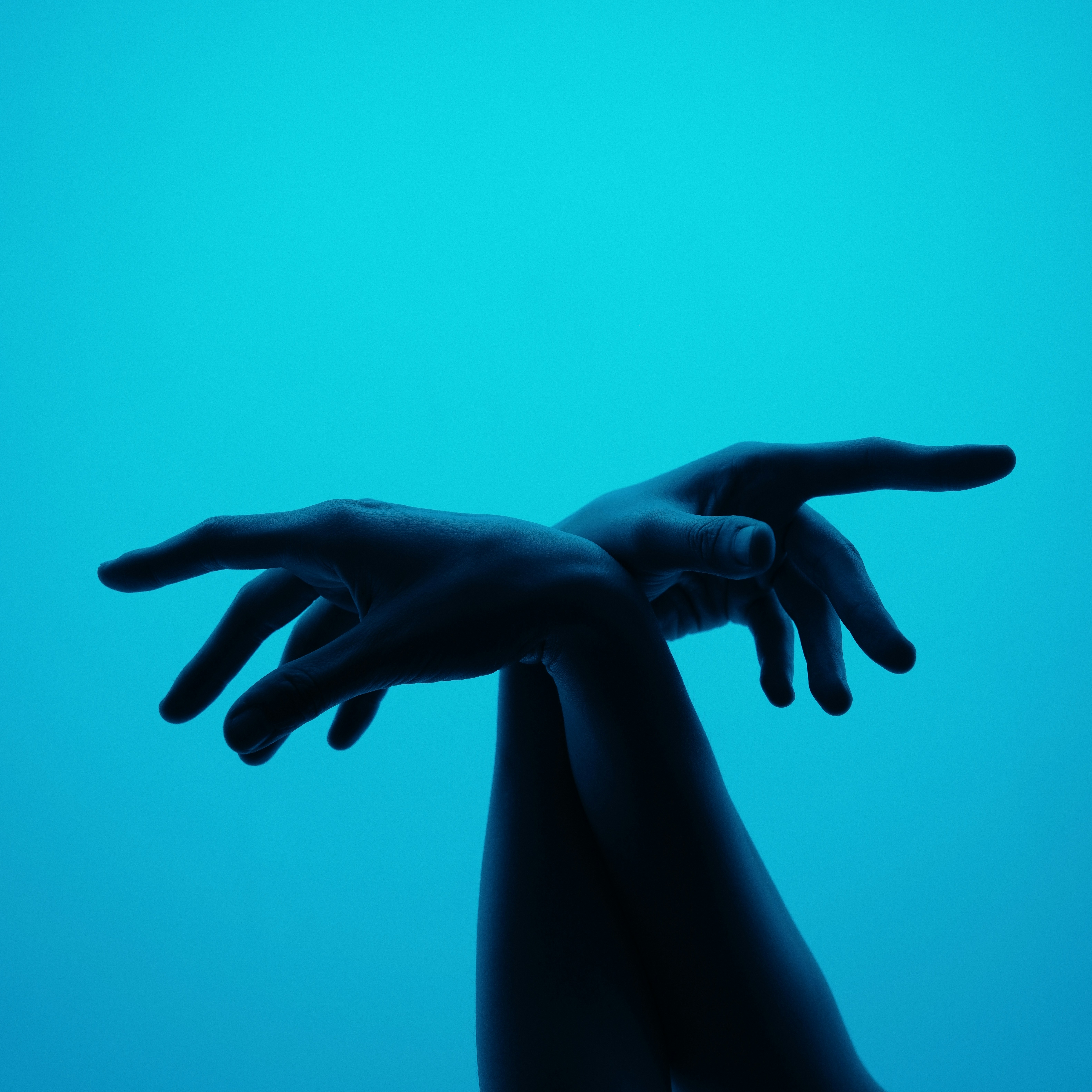 Two hands reaching towards each other with a blue background photo ...