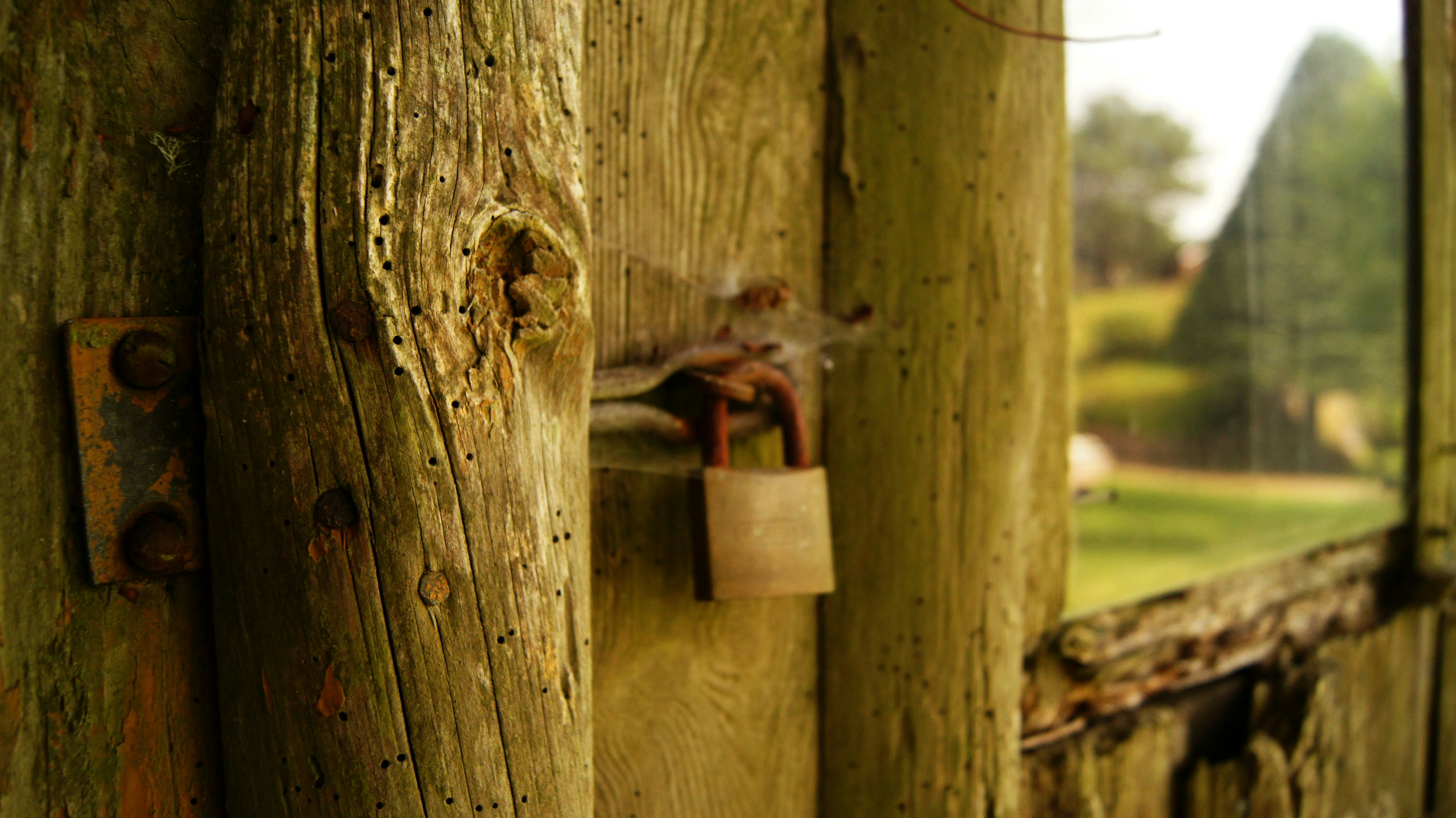 Timeworn Gatepost and Padlock Framed by Weathered Wood