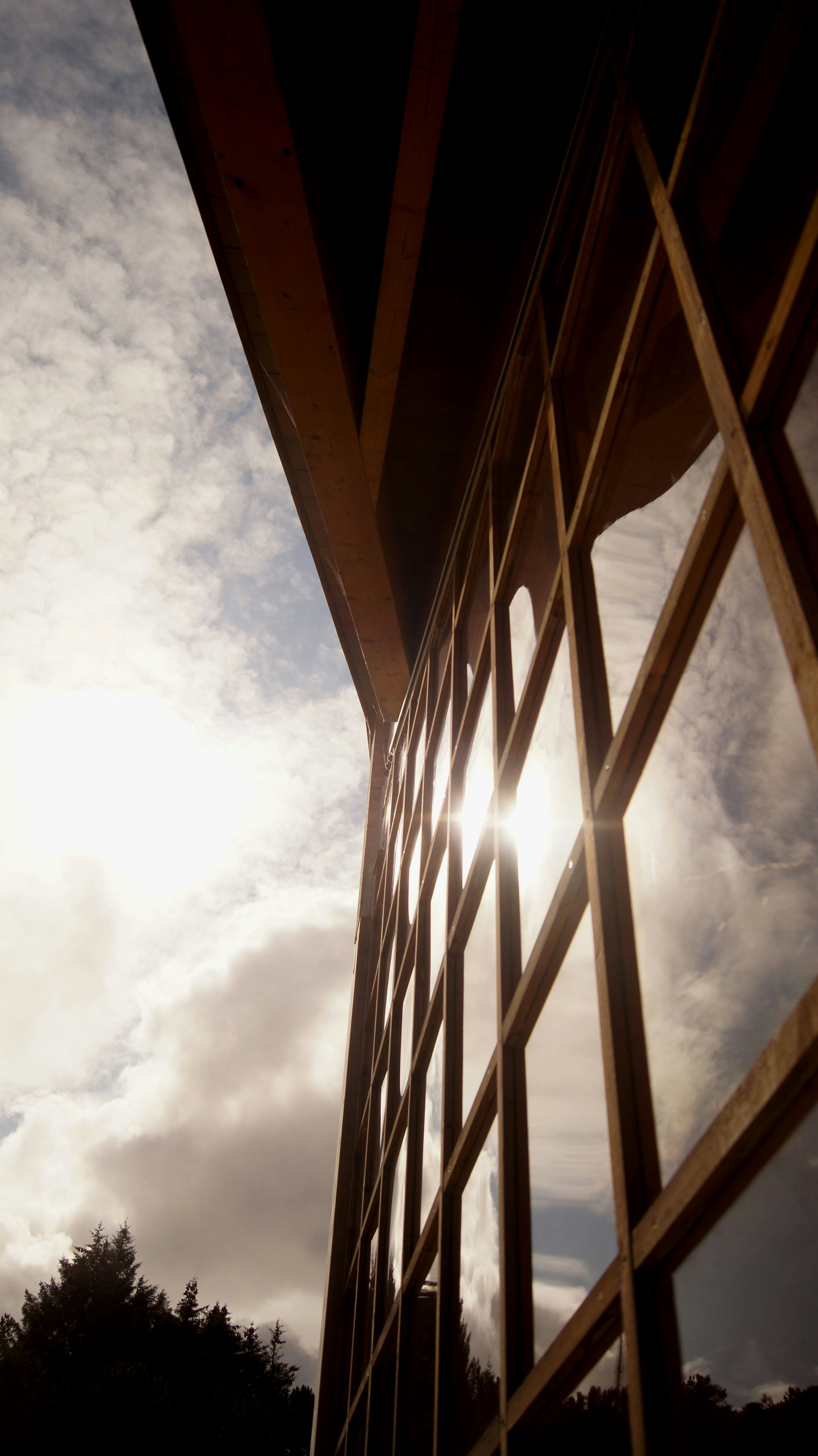 Sunlit Grid: Tilted Glass Facade Reflects Sky and Shadow