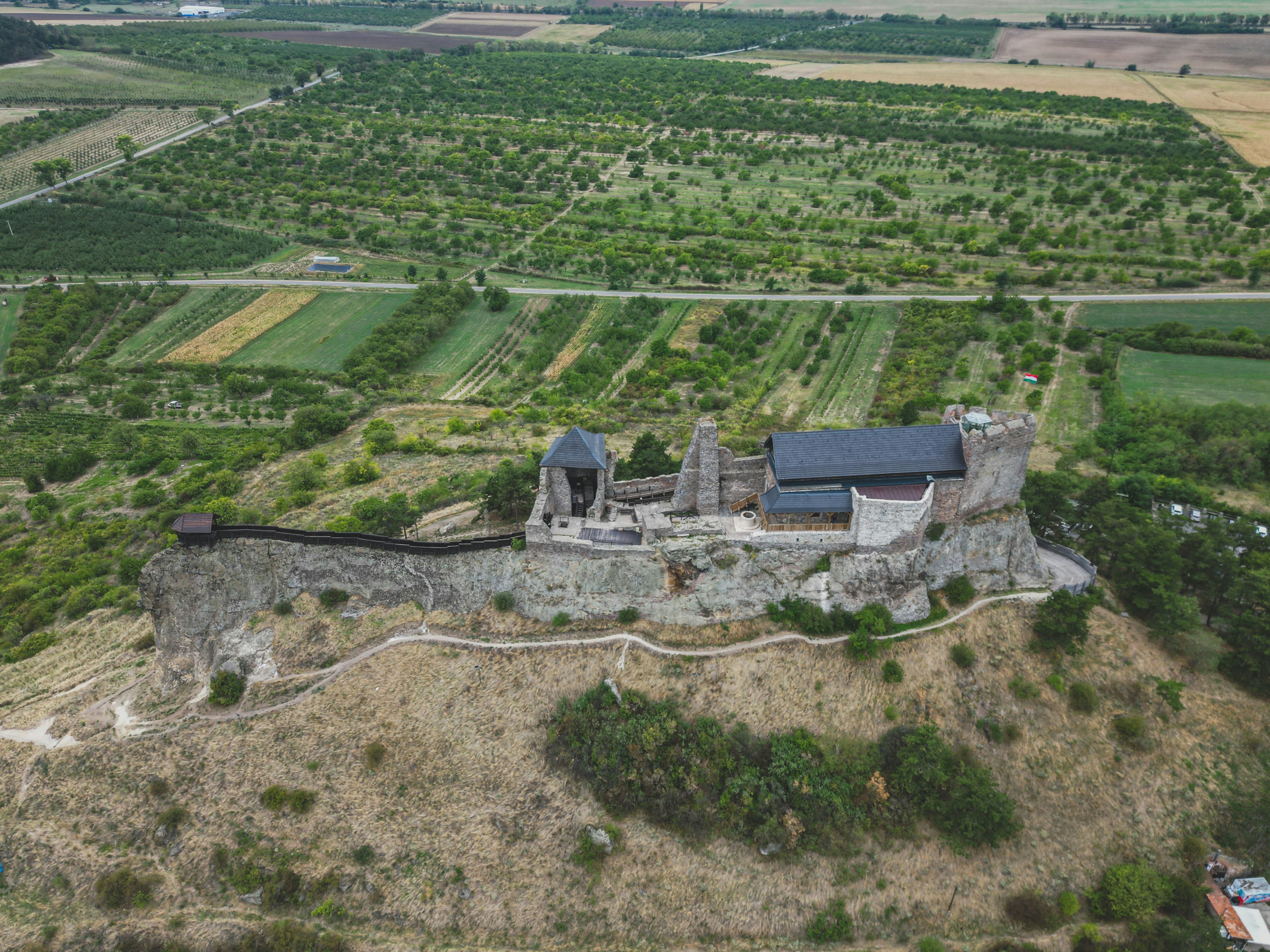 Castle Ruins Crowned by Olive Terraces above Sunlit Countryside