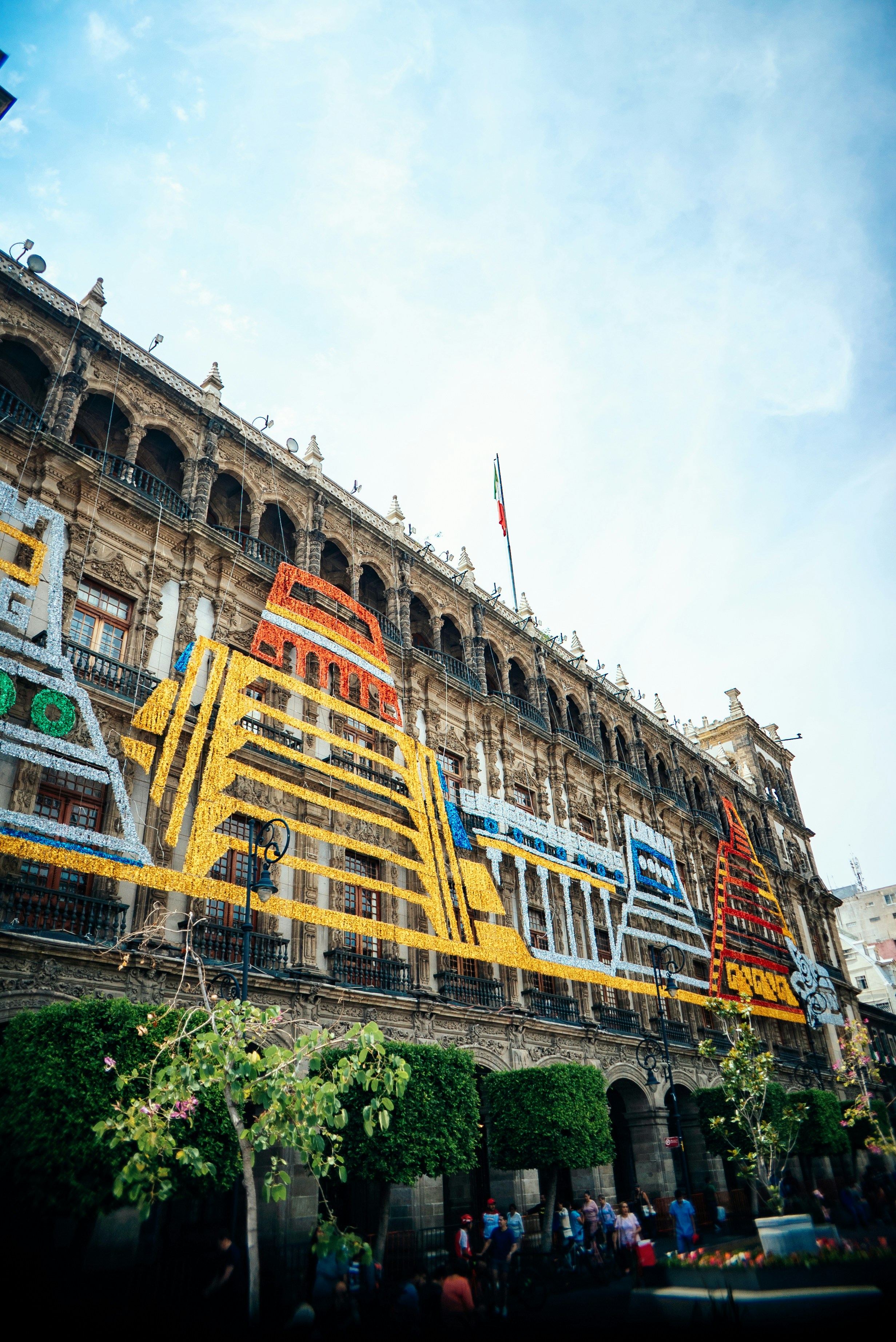 Colorful Facade Mosaic: A City Hall Draped in Festive Art