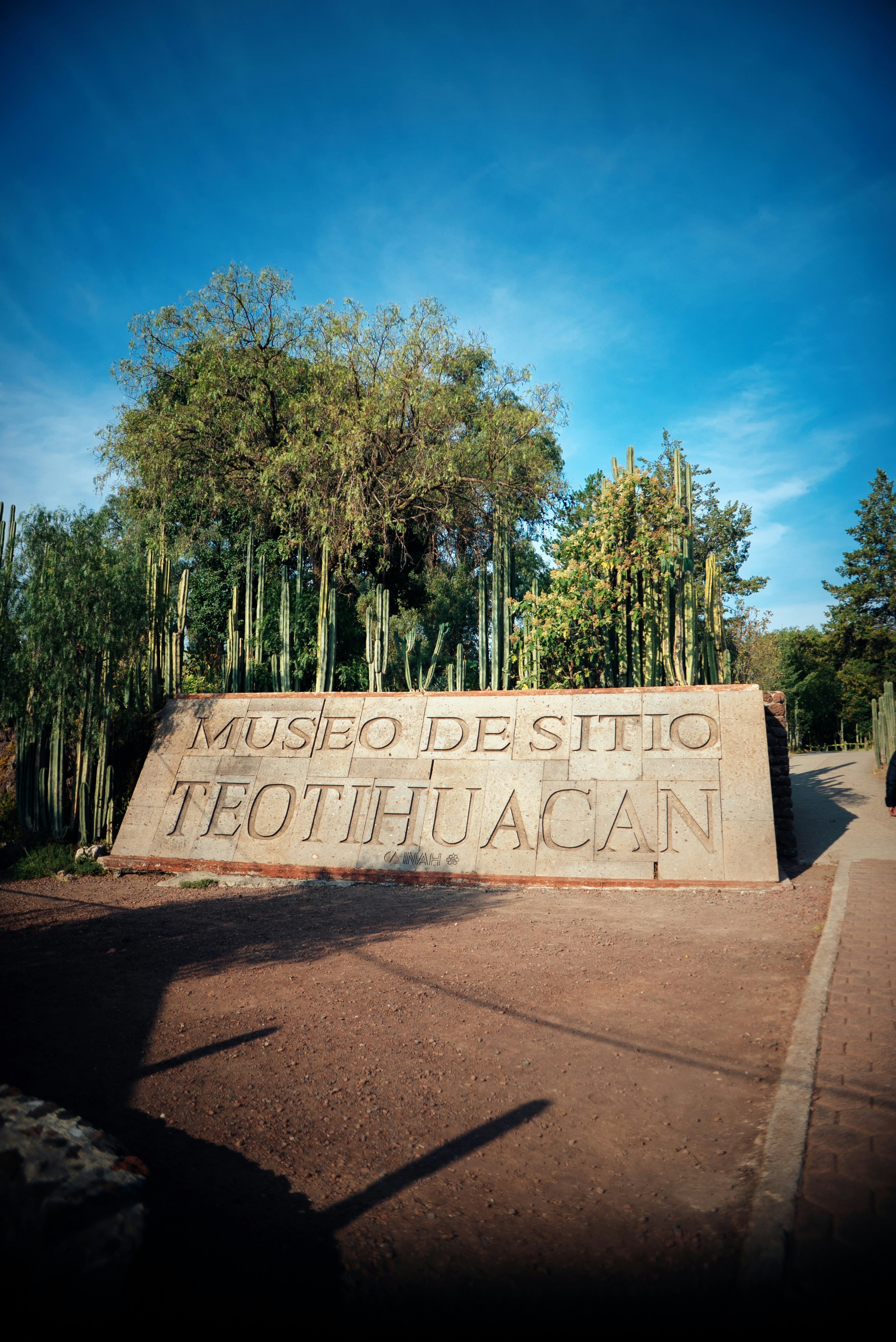 Stone Monument at Museo de Sitio Teotihuacán Surrounded by Cacti and a Clear Blue Sky