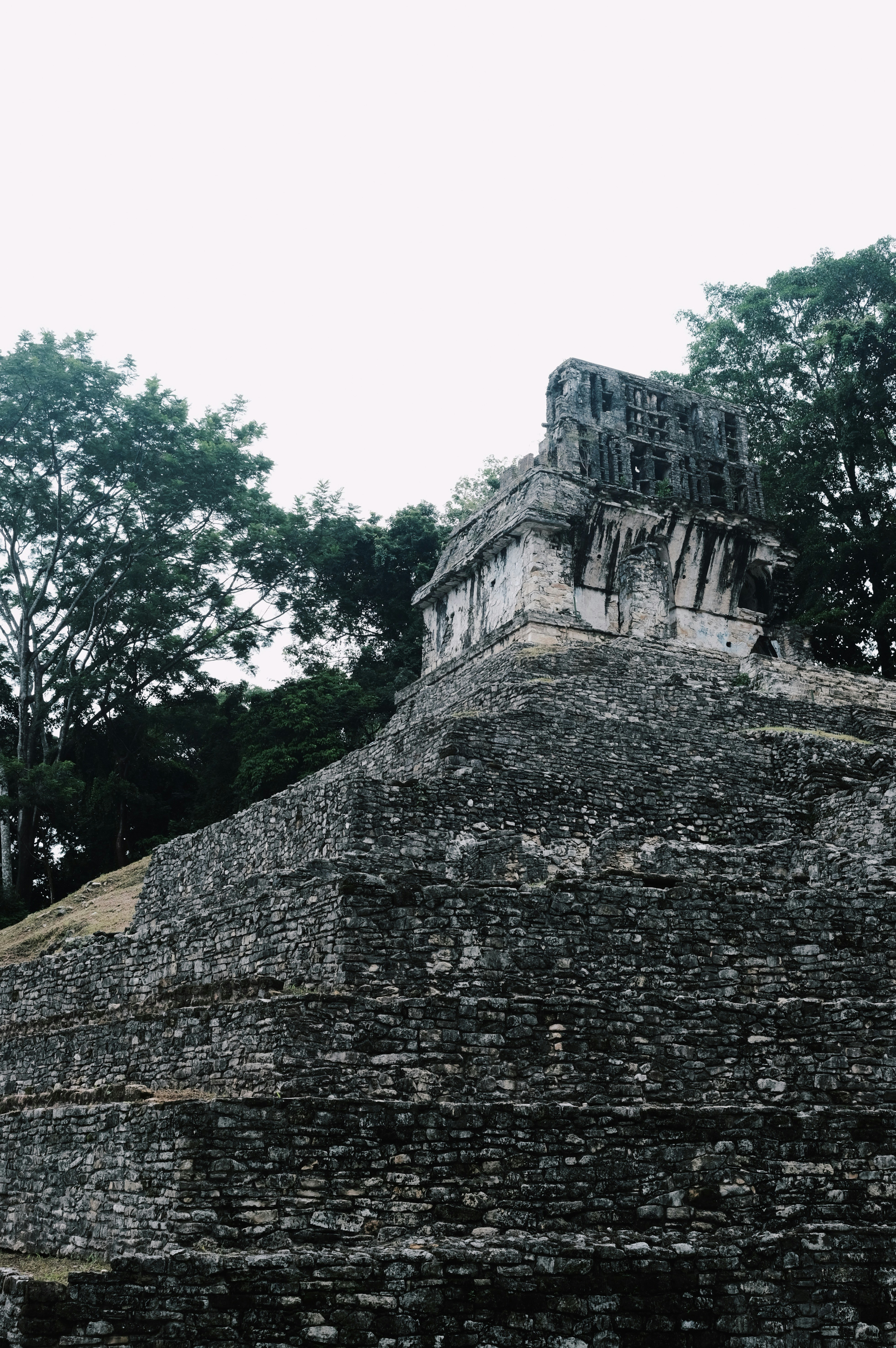 Stone pyramid partially obscured by trees under an overcast sky.