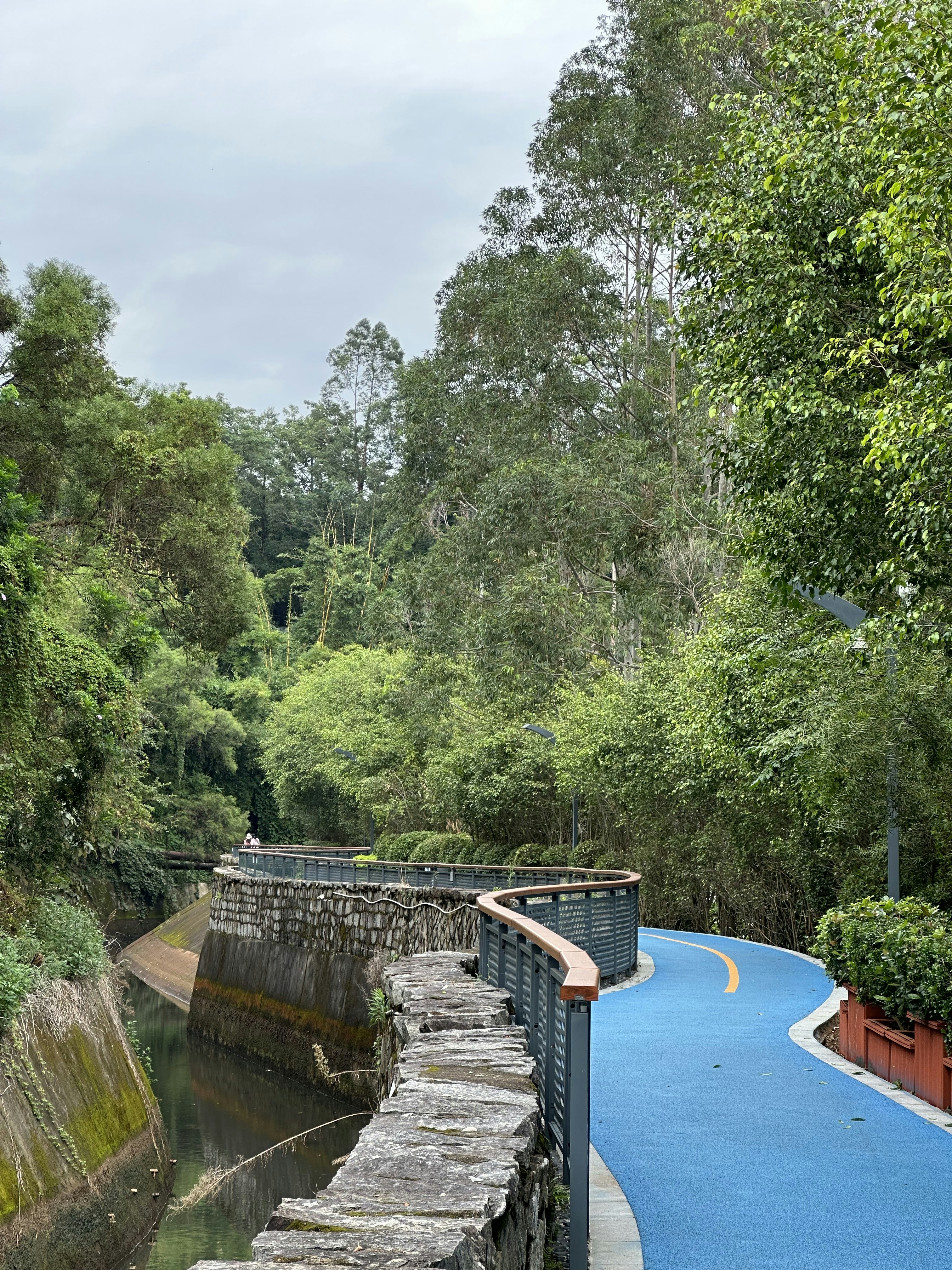 A paved road with a blue tarmac next to a body of water photo – Free ...