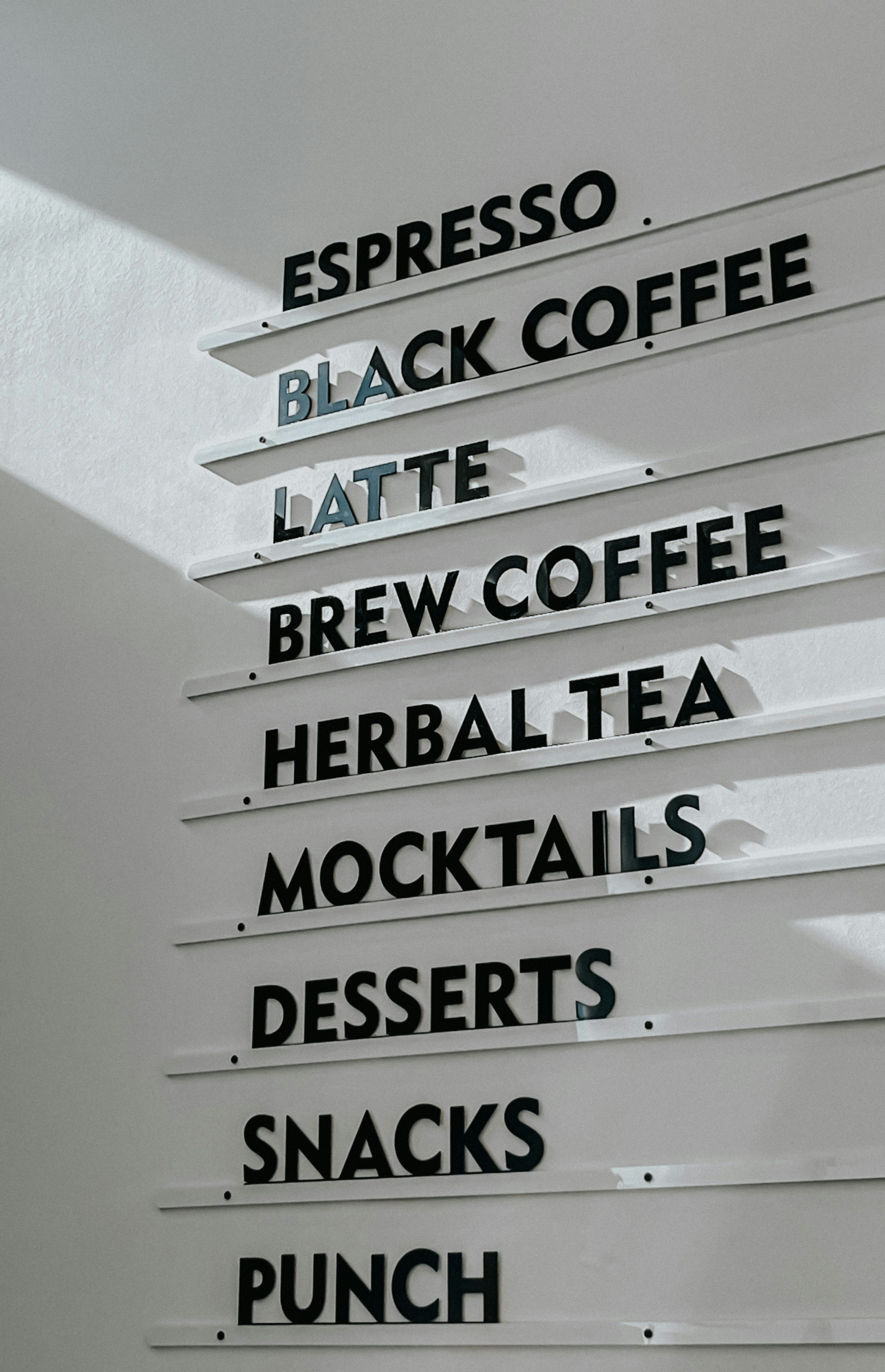 Stacked Signage of Sip: Minimalist Coffee Menu in High-Contrast Light