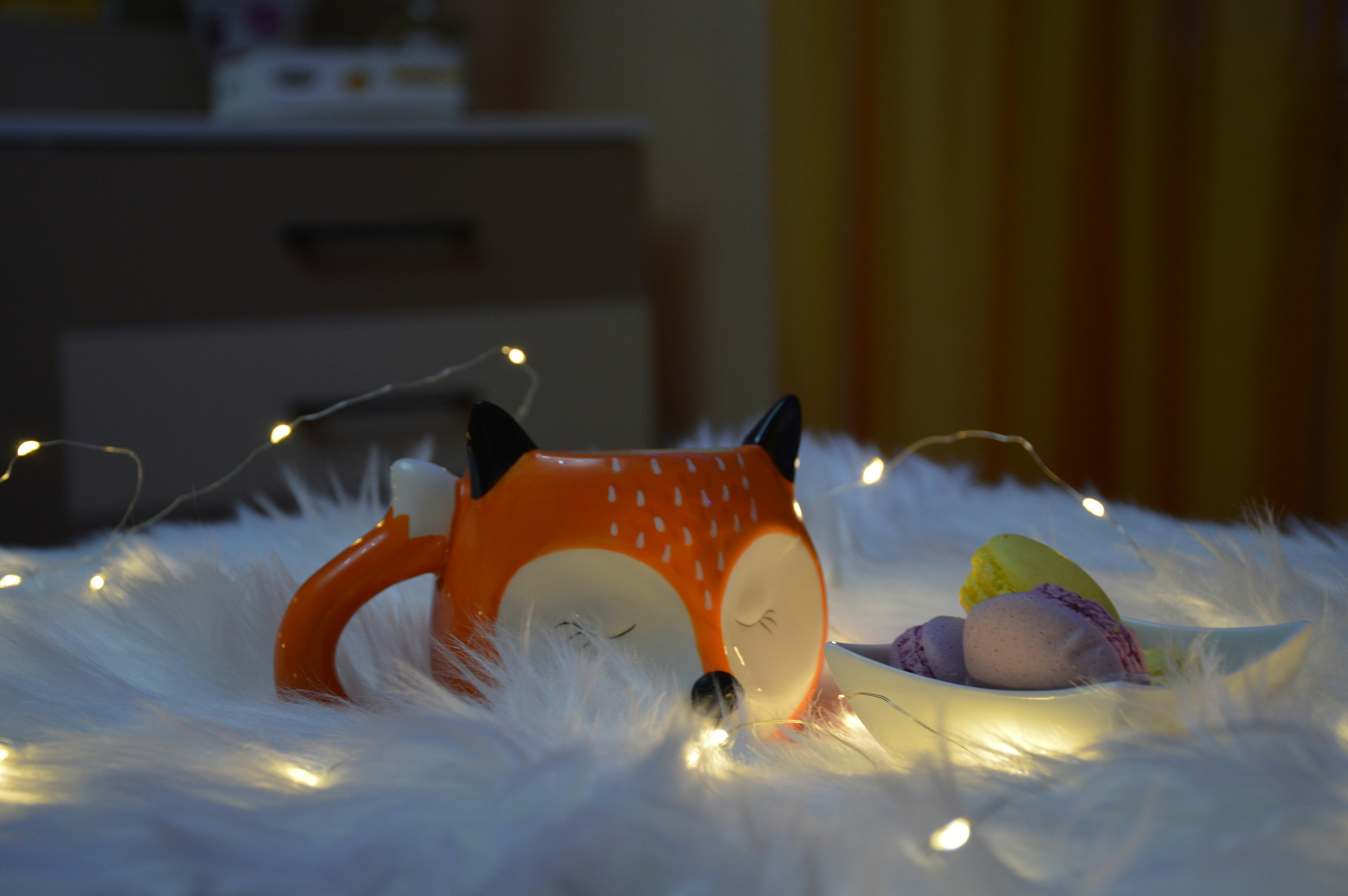 Fairy-Lit Fox Mug on a Plush Snow Surface