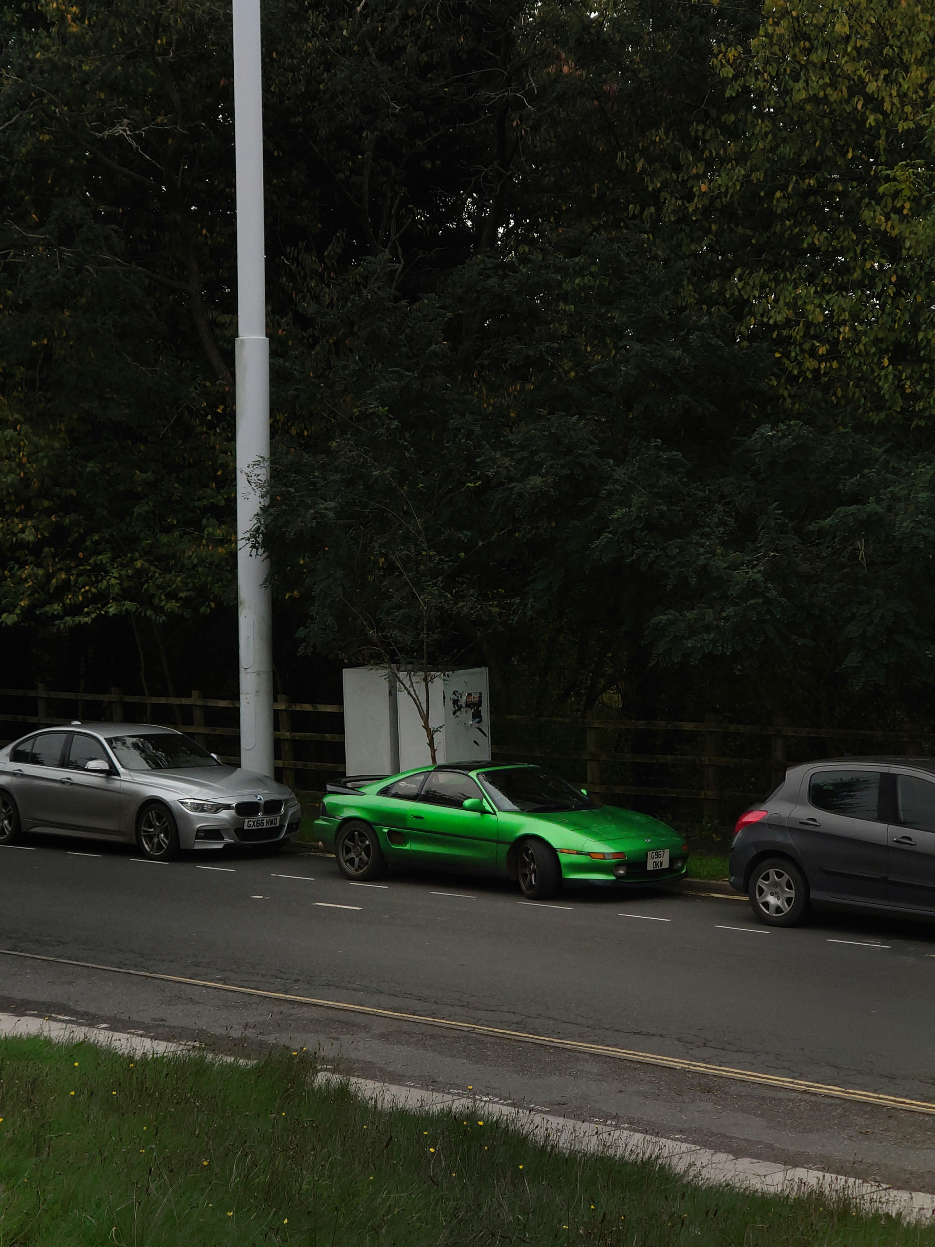 Bright neon-green sports coupe parked among gray sedans along a tree-lined urban street.